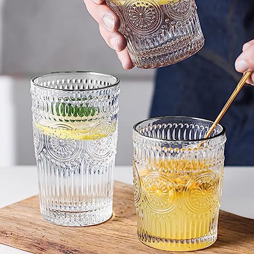 Vintage Drinking Glasses, Romantic Drinking Glasses Set of 8, 4 Highball Glasses 13 oz and 4 Rocks Glasses 9 oz, Textured Striped Drinking Glasses, Vintage Glassware Set for Juice, Beverages, Cocktail