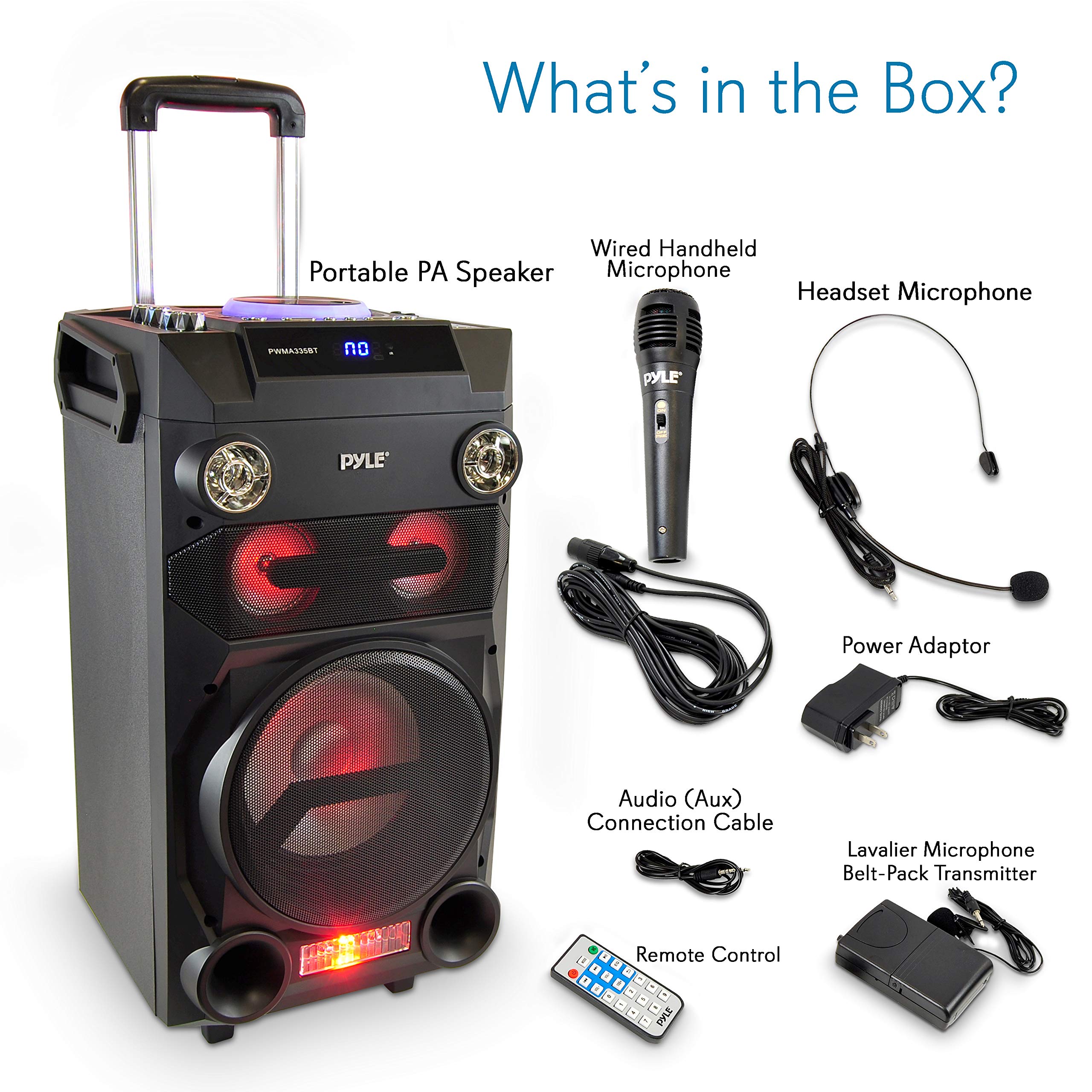 Pyle Portable Wireless Bluetooth Karaoke PA Loud speaker - 8'' Subwoofer Sound System with DJ Lights, Rechargeable Battery, FM Radio, USB / Micro SD Reader, Microphone, Remote - PWMA335BT