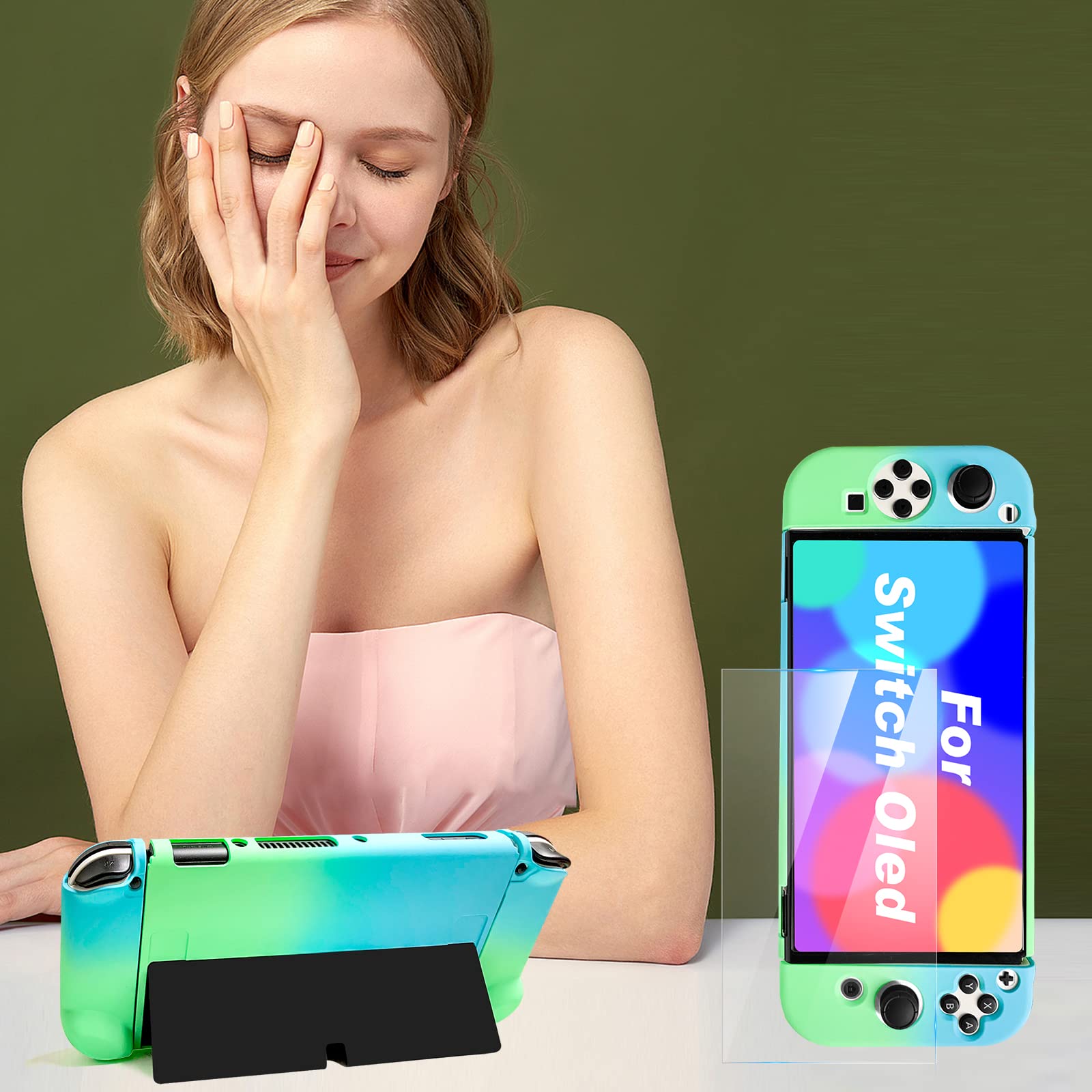 Dockable Case for for Switch OLED 2021, PC Hard Dockable Girl Ultra Thin 3 in 1 Protective Cover Case for Nintendo Switch and Joy-Con Controller with Screen Protector and 2 Thumb Grips (Blue+Green)