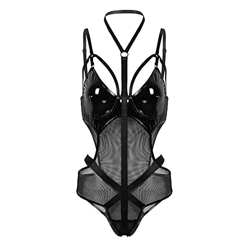 Sxglamr Women Wetlook Leather One Piece Lingerie Lace Teddy Corset Bodysuit Clubwear