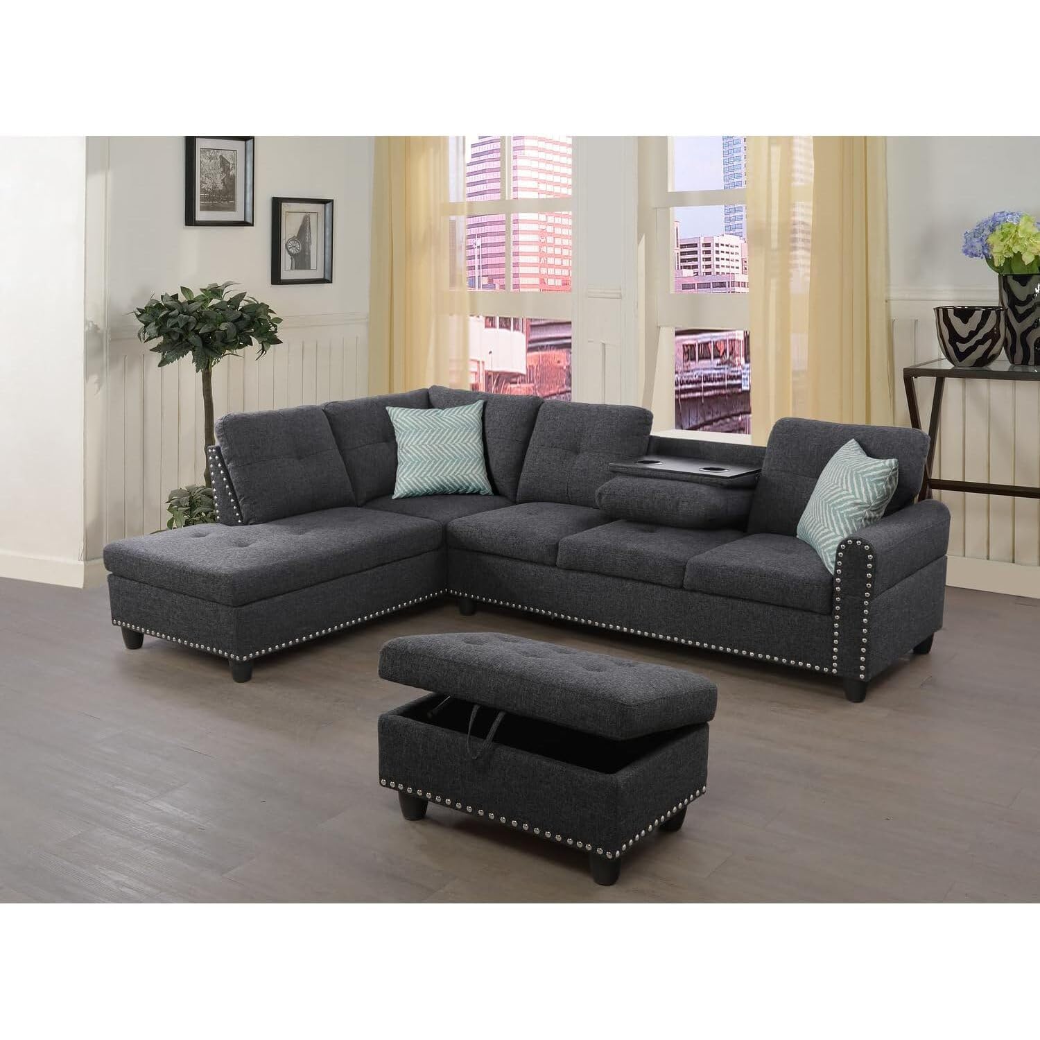HomeStock Sophisticated Simplicity Sectional Sofa with Ottoman, Living Room Set, Left Facing Chaise, 2 Cup Holders, 2 Throw Pillows, Tufted Back and Seat - 99.5" D x 67" W x 32" H Dark Gray