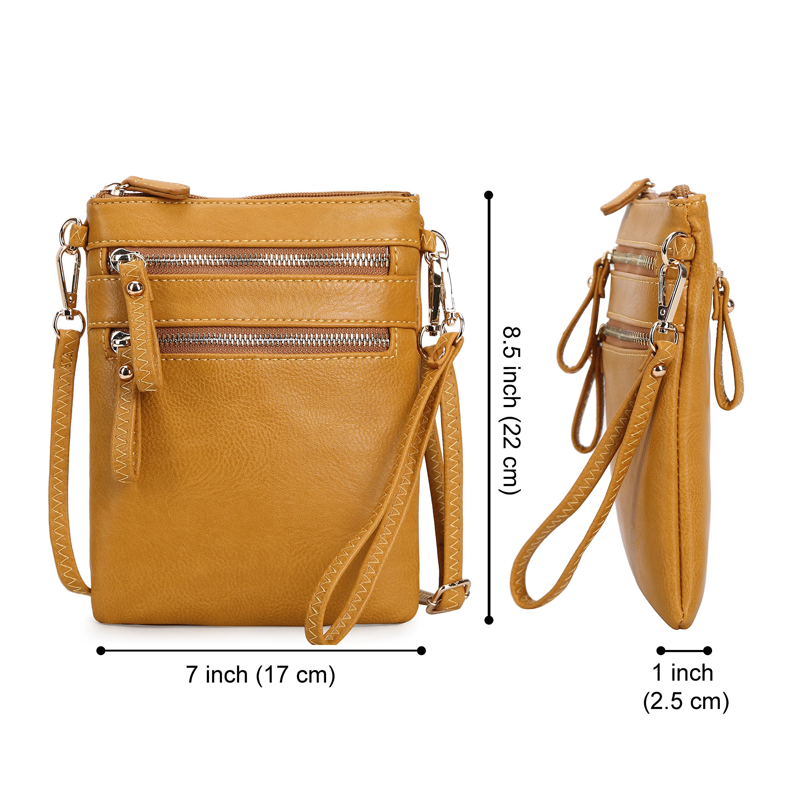 Solene Women's Faux Leather Organizer Multi Zipper Pockets Handbag With Detachable Wristlet Crossbody Bag-WU002(Mustard)