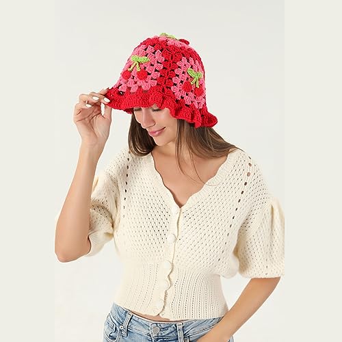 Fiewmay Crochet Bucket Hat for Women Handmade Floral Hat Portable Knitted Elastic Cute Beach Hat for Vacation Traveling(Cherry Red)