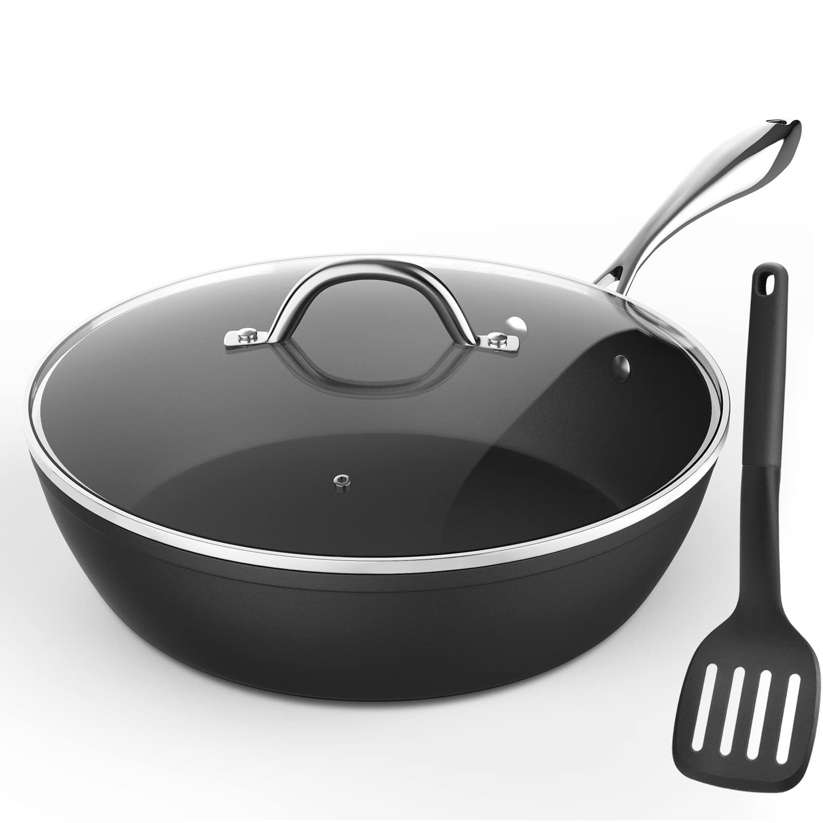 Faseem Frying Pans Nonstick with lid, Deep nonstick fry pan, Healthy non stick skillets for Cooking, Induction Compatible Non-Toxic PFOA & PFOS free (Black, 11 inch)