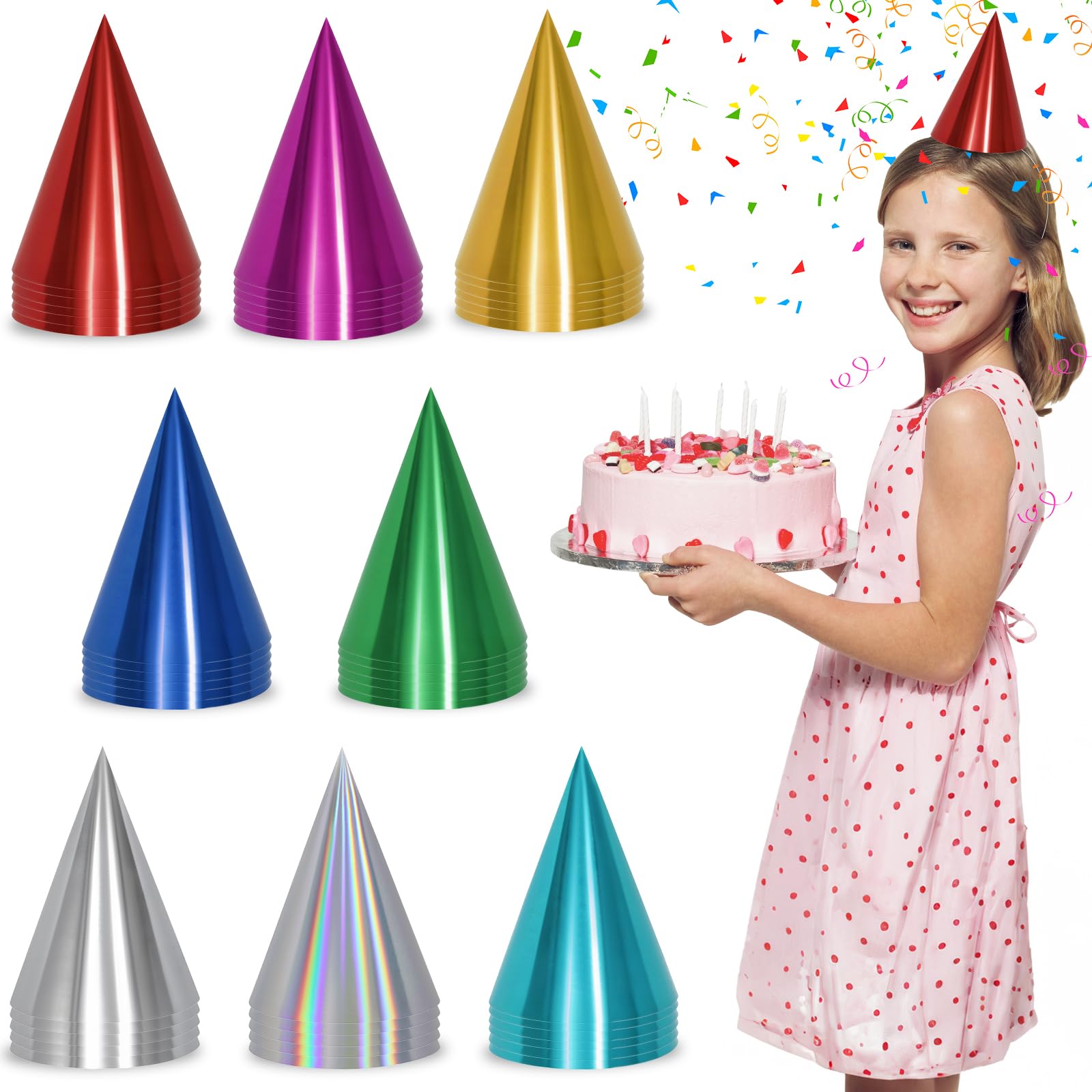 HEYTIMI 40 PCS Birthday Party Cone Hats Party Hat Cone Paper Hats with Metallic Foil Themed Hats with Elastic String Assorted Colors for Birthday Party Baby Shower Anniversary