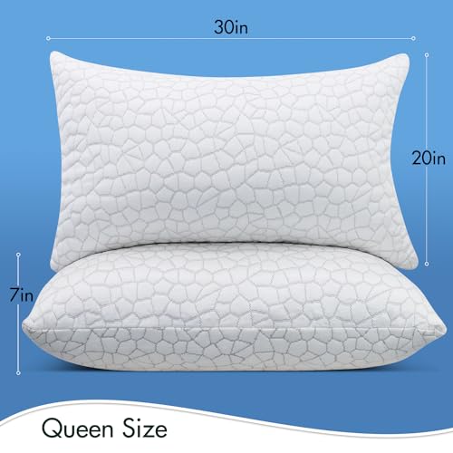 Cooling Pillows 2 Pack, Luxury Shredded Memory Foam Pillows Queen Size Set of 2, Cool Pillows for Side Sleepers Back Stomach Gel Bed Pillows for Sleeping with Removable Cover Rayon Derived from