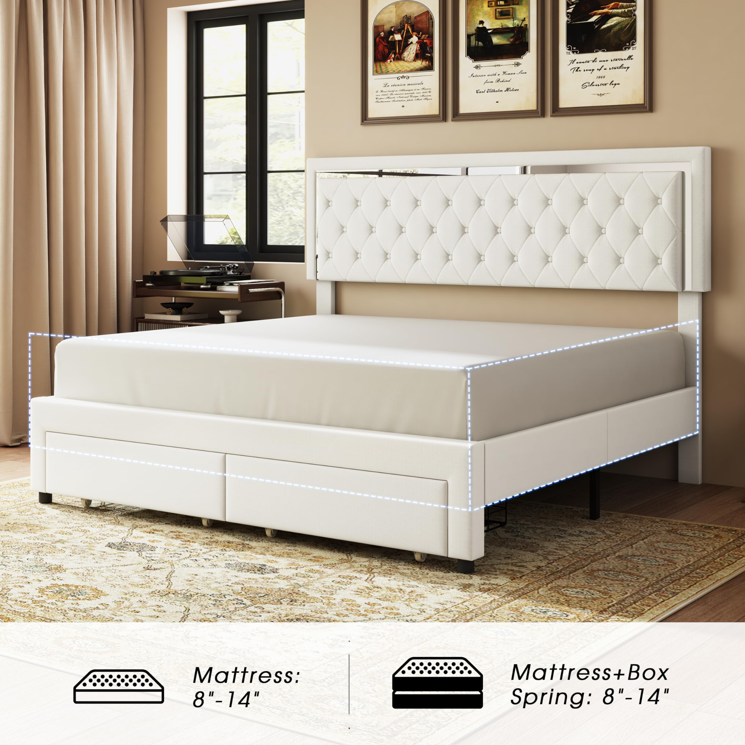Jocisland Full Size Bed Frame with LED Lights&Storage Drawers,Velvet Upholstered Platform Bed,No Box Spring Needed,White