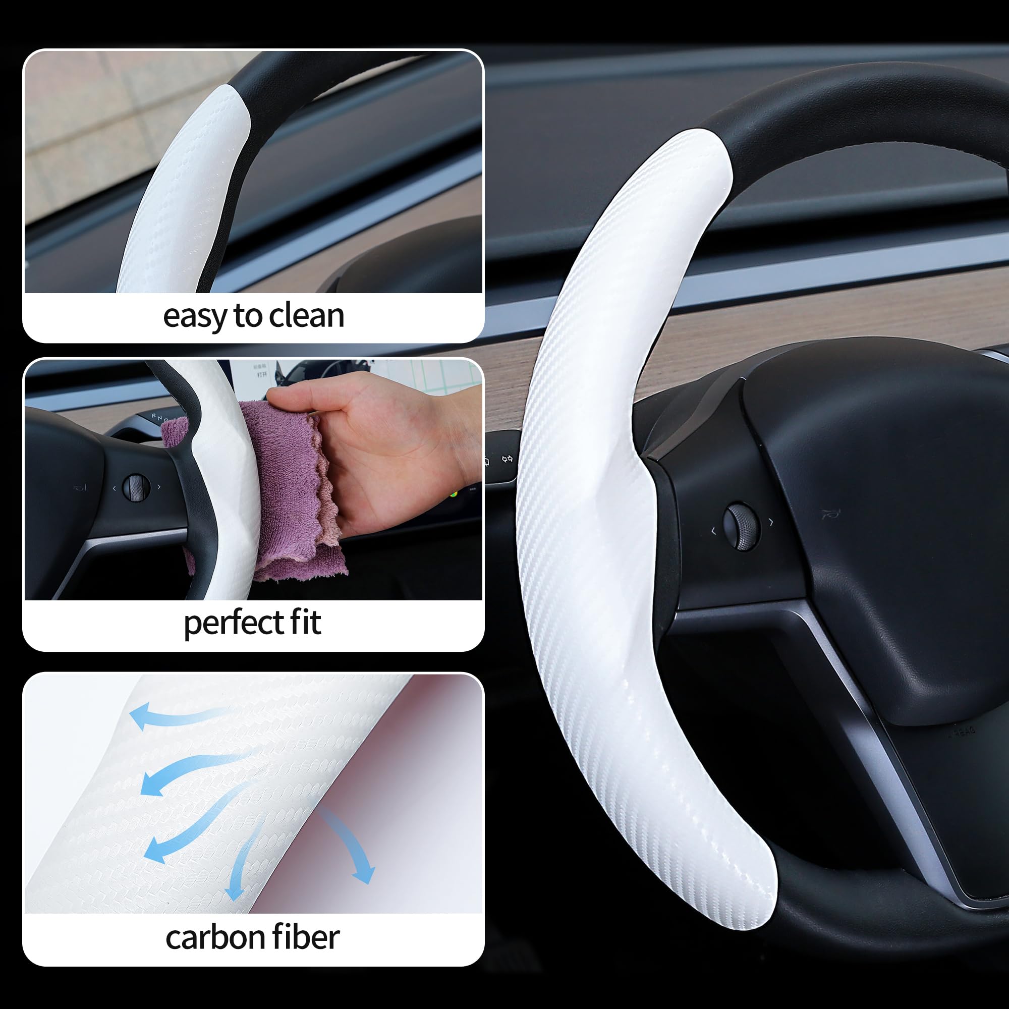 Carbon Fiber Steering Wheel Cover for Tesla Model 3/Y Steering Wheel Wrap Protector Anti-Slip Interior Compatible with Tesla Accessories (White)