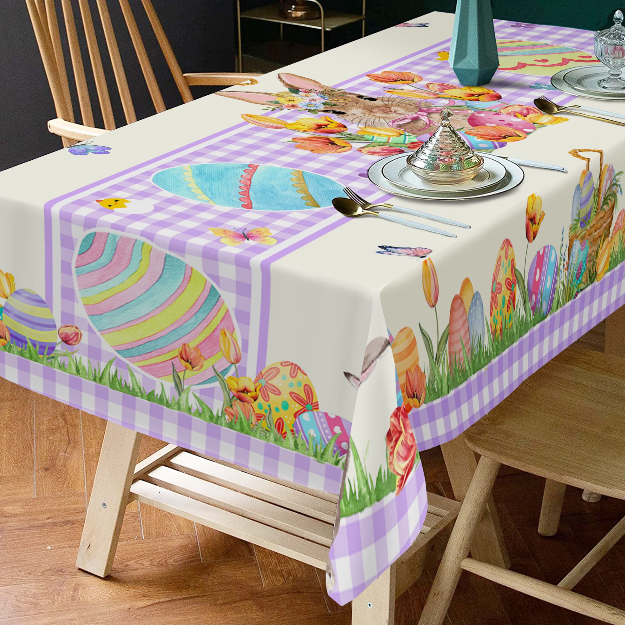 Easter Tablecloth, Easter Table Cloth Rectangle 60 x 84, Easter Tablecloths with Bunny Eggs Tulips Flowers Holiday Spring Washable Table Cover for Dining Room Kitchen Table Picnic Indoor Outdoor
