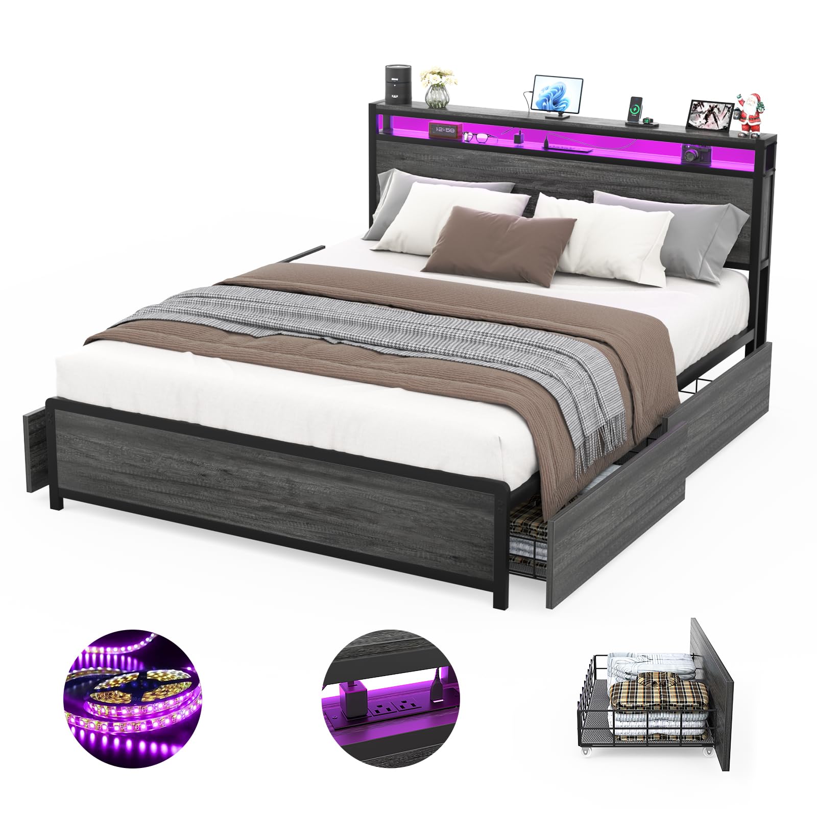 Homieasy King Size Bed Frame with 4 Storage Drawers and Charging Station, Sturdy Platform Bed with Storage Headboard and LED Light, No Box Spring Needed, Easy Assembly, Black