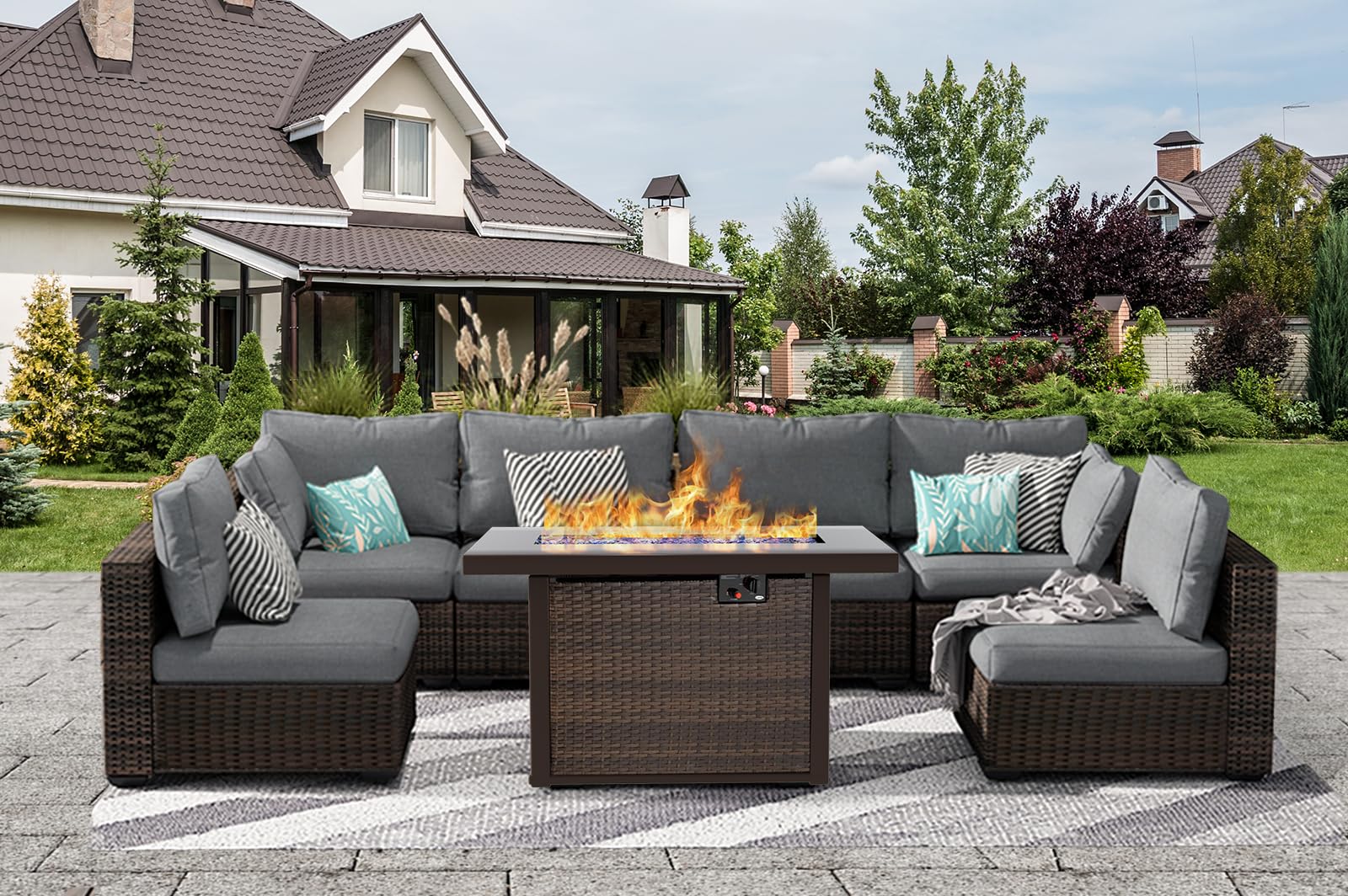 Grezone Patio Furniture Sets 7 Pieces with Fire Pit Table Patio Sectional Outdoor Furniture Sofa Chairs Set PE Rattan Wicker Couch Conversation Set with No-Slip Cushions Waterproof Covers Grey
