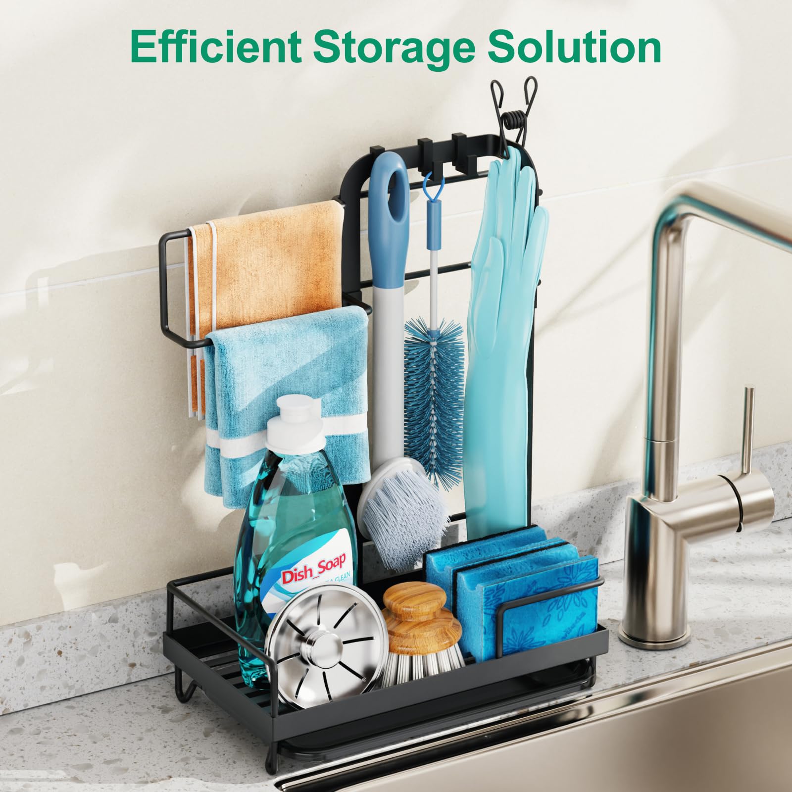 GSlife Sink Caddy Kitchen Sink Organizer - Large Sponge Holder for Kitchen Countertop with Hooks for Dish Brush Gloves, Dish Cloth Hanger, Rustproof Kitchen Caddy with Drip Tray, Black