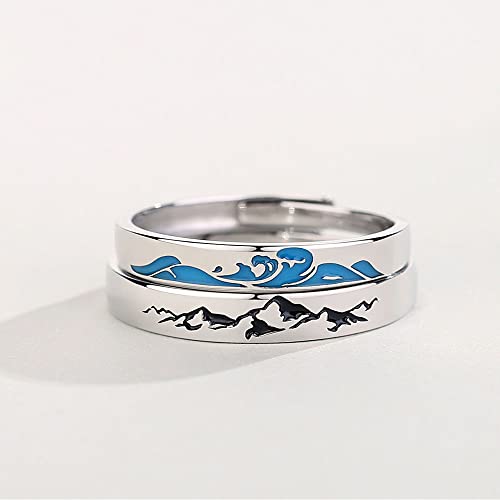 Couple Open Adjustable Rings Mountain and Sea Forever Love Matching Promise Rings Set Matching Rings for Men Women (B), Silver