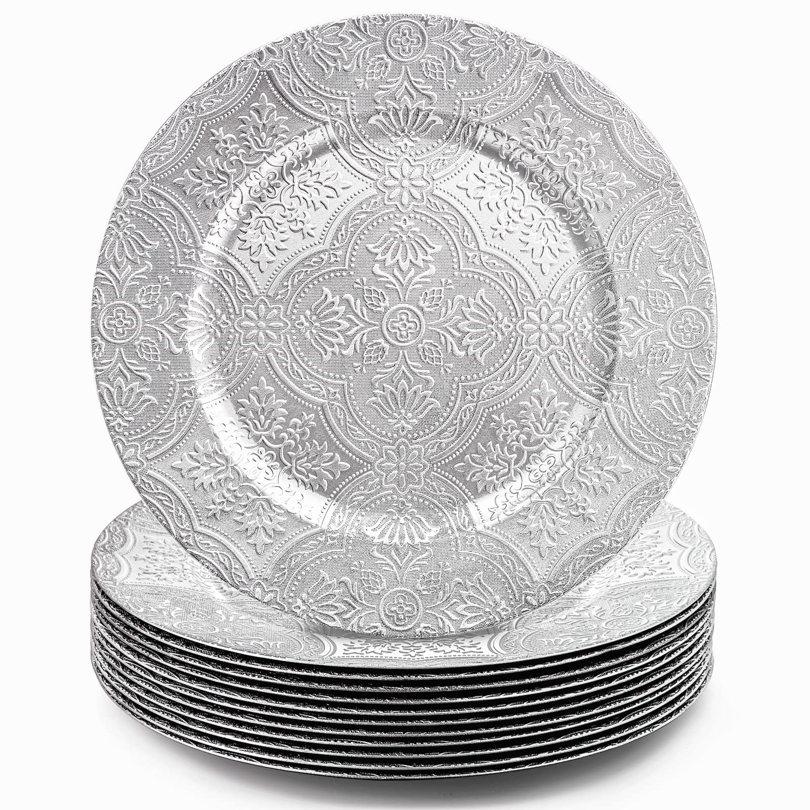 Elsjoy Set of 12 Plastic Silver Charger Plates, 13 Inch Decorative Plate Charger for Dinner Plates, Embossed Vintage Disposable Serving Plate for Home, Party, Wedding, Events