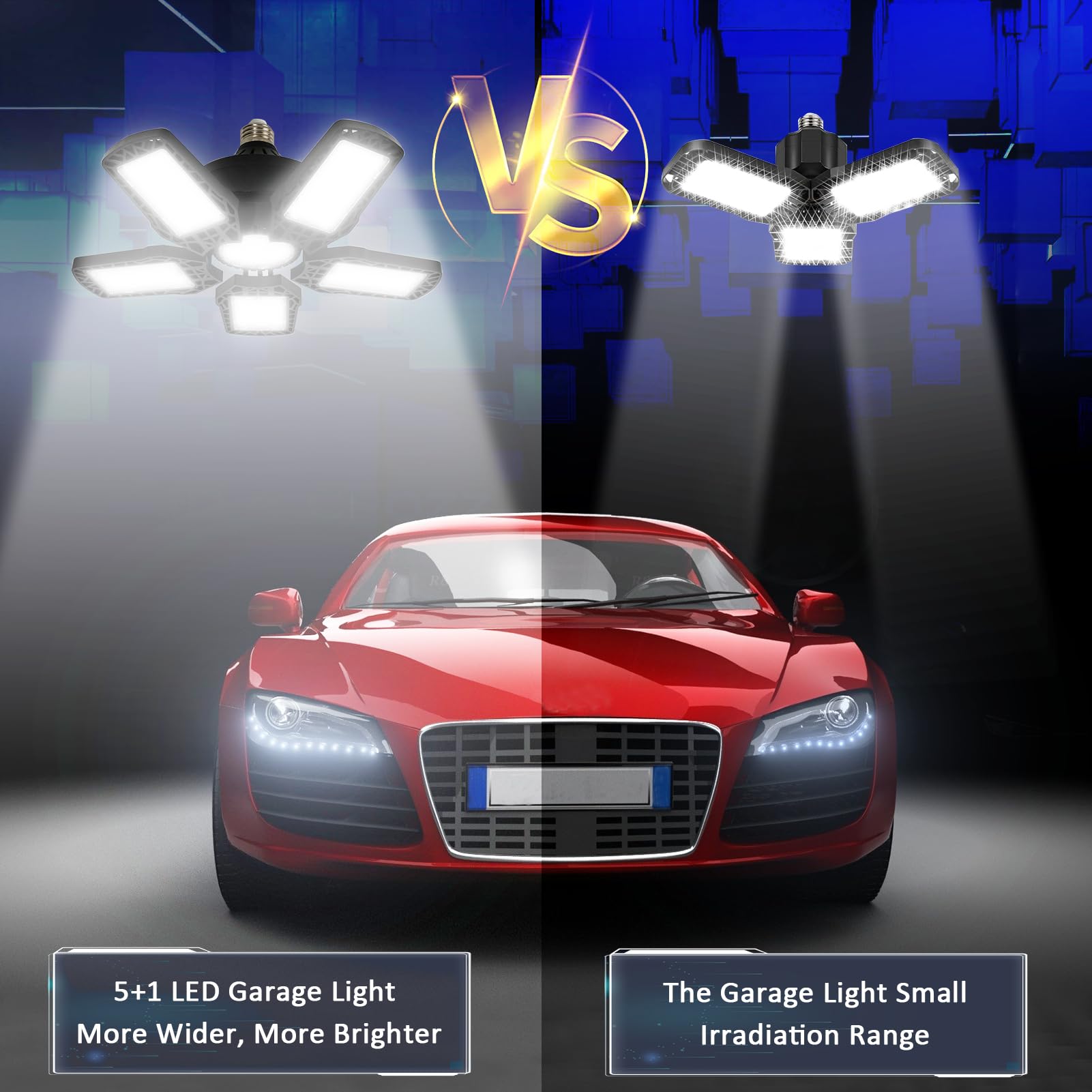 FBIRUNYI LED Garage Lights 2 Pack, LED Garage Ceiling Light Shop Lights with 5+1 Multi-Position Panels for Garage Workshop Basement Support E26/E27 Screw Socket
