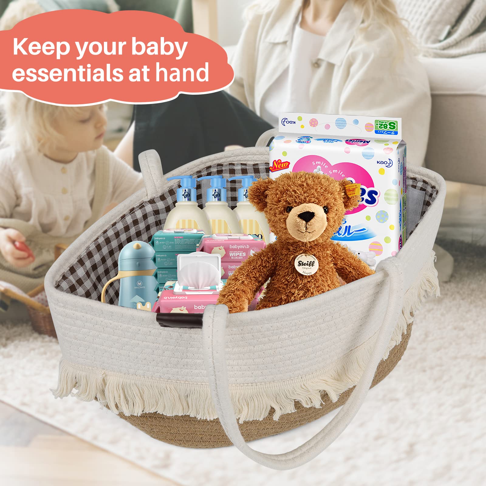 G.a HOMEFAVOR Baby Diaper Caddy Organizer - Extra Large Nappy Caddy Rope Nursery Storage Bin - Large Diaper Basket, 3 Compartments and 2 Removable Dividers, Brown
