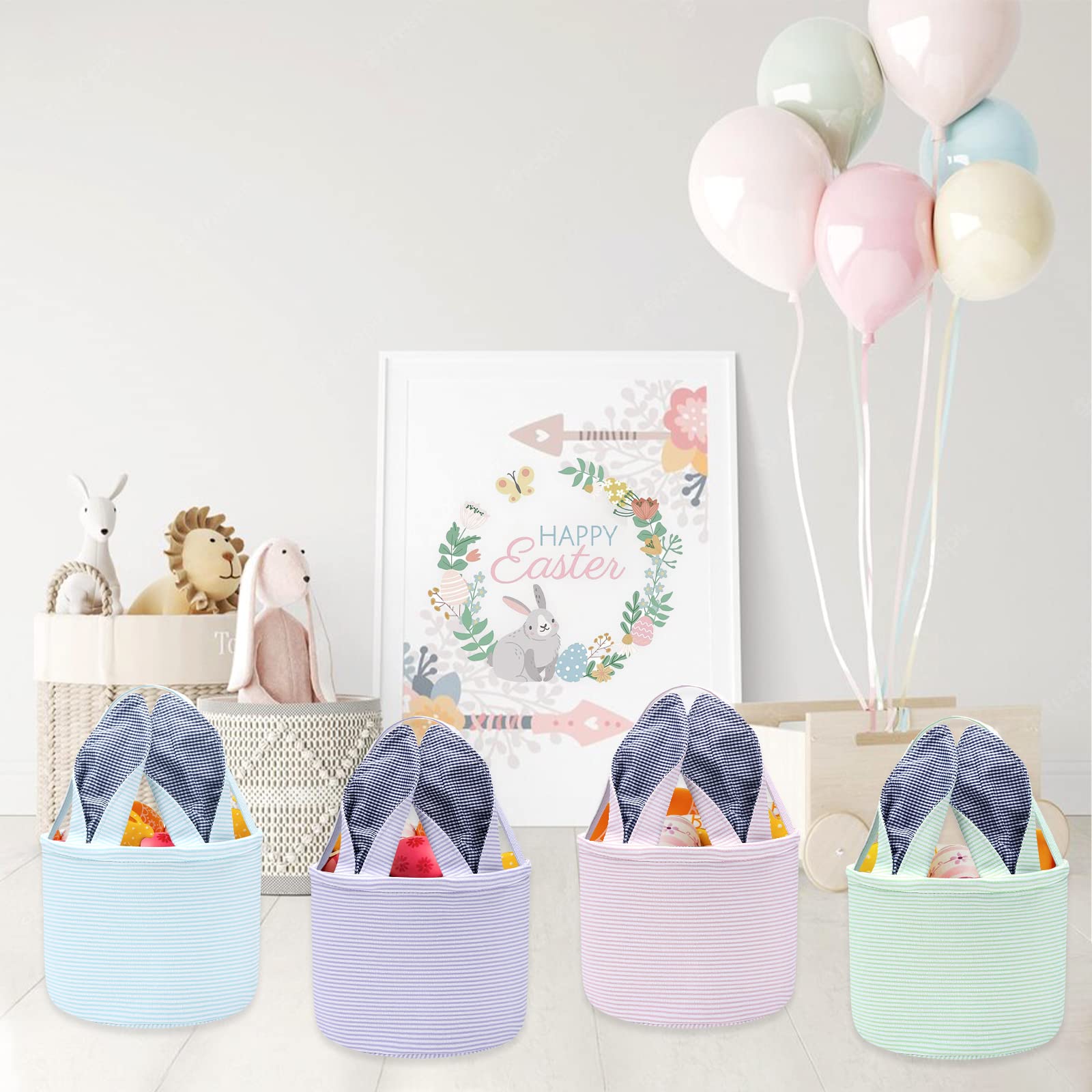 GFU Easter Basket, Seersucker Bunny Baskets for Kids, Eggs Hunt Bag with 2pcs Stickers, Cute Rabbit Ears Stripe Storage Bag, Children Personalized Easter Gifts