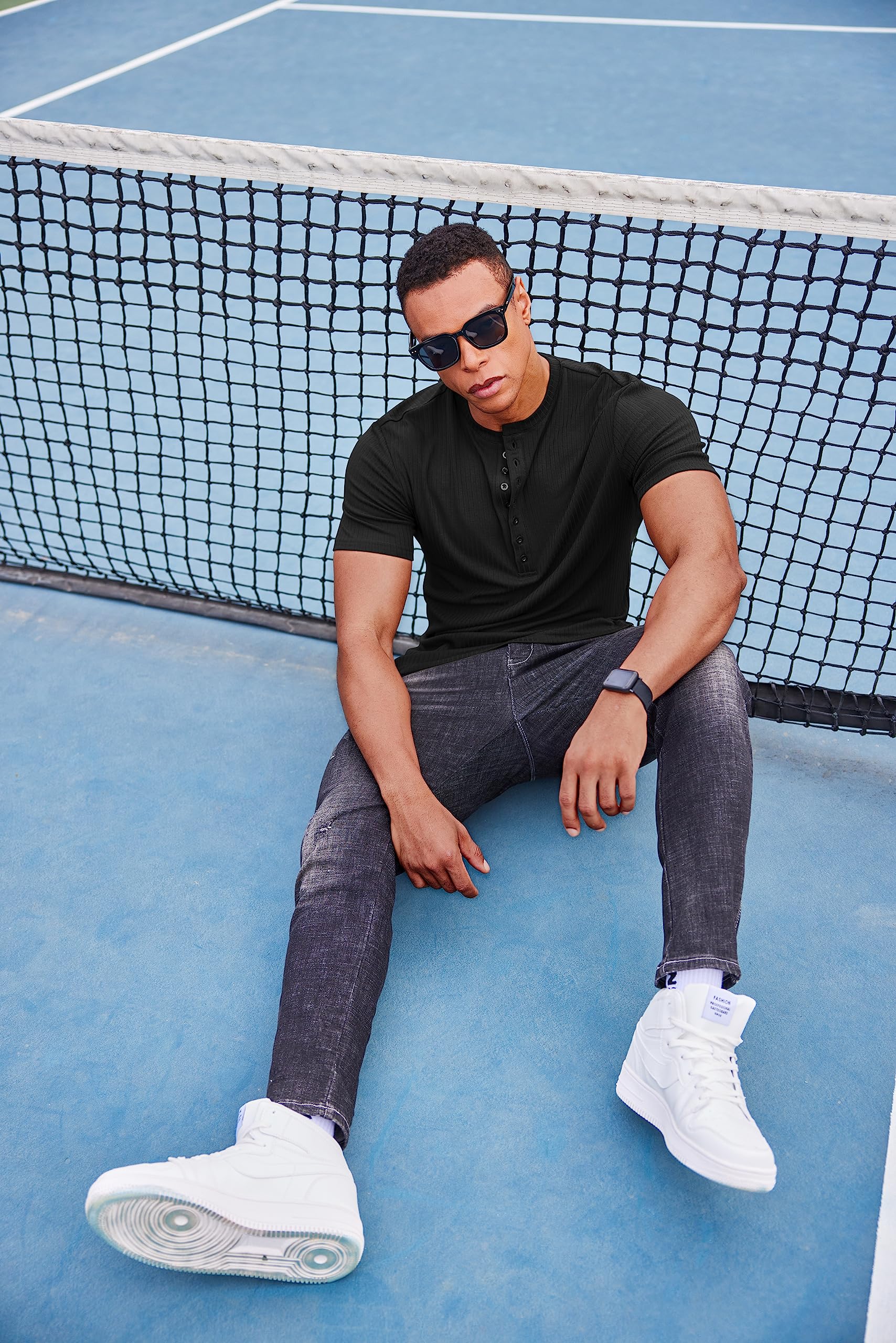 COOFANDY Men's 2 Pack Henley Shirts Short Sleeve Casual Ribbed Knit T Shirts Stretch Muscle Tee Shirts