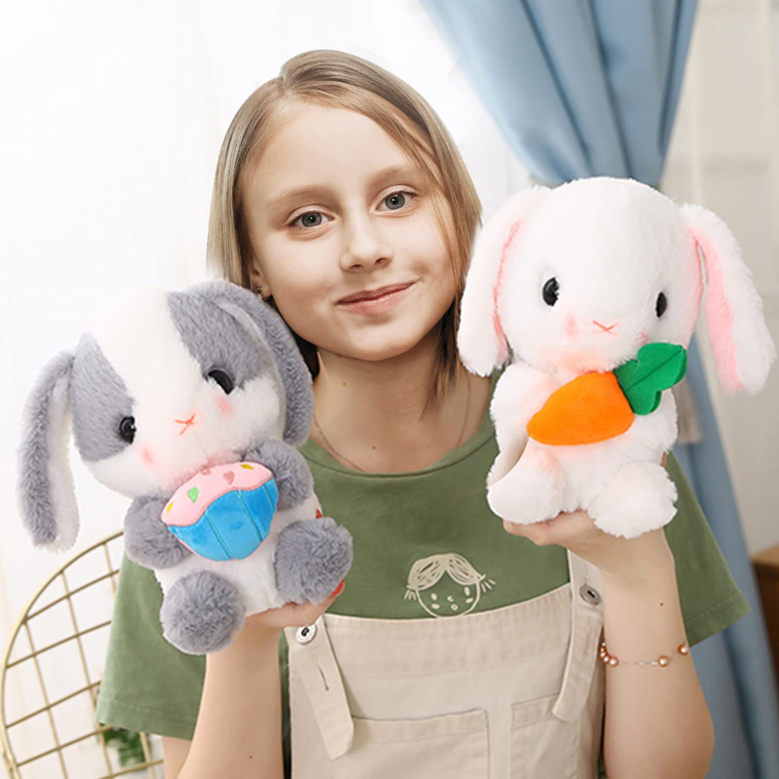 Enhopty Bunny Stuffed Animal Easter Eared Rabbit Plush Cuddly White Bunny Plushie Toy with Carrot Fluffy Kawaii Soft Hugging Sleeping Pillow