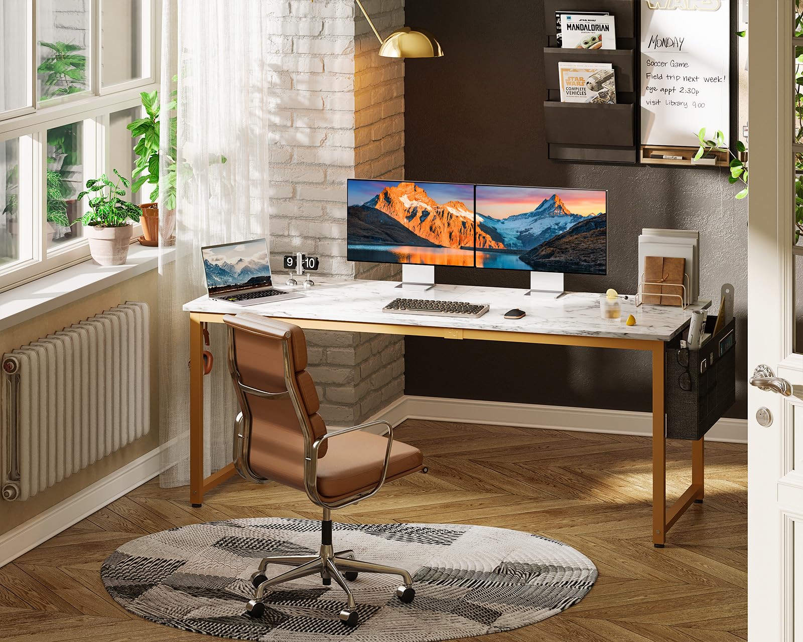 ODK Computer Desk Large Office Desk, 63 Inch Gaming Desk with Storage, Modern PC Desk Work Table with Headphone Hook for Home Office, Spliced Board, White + White Leg
