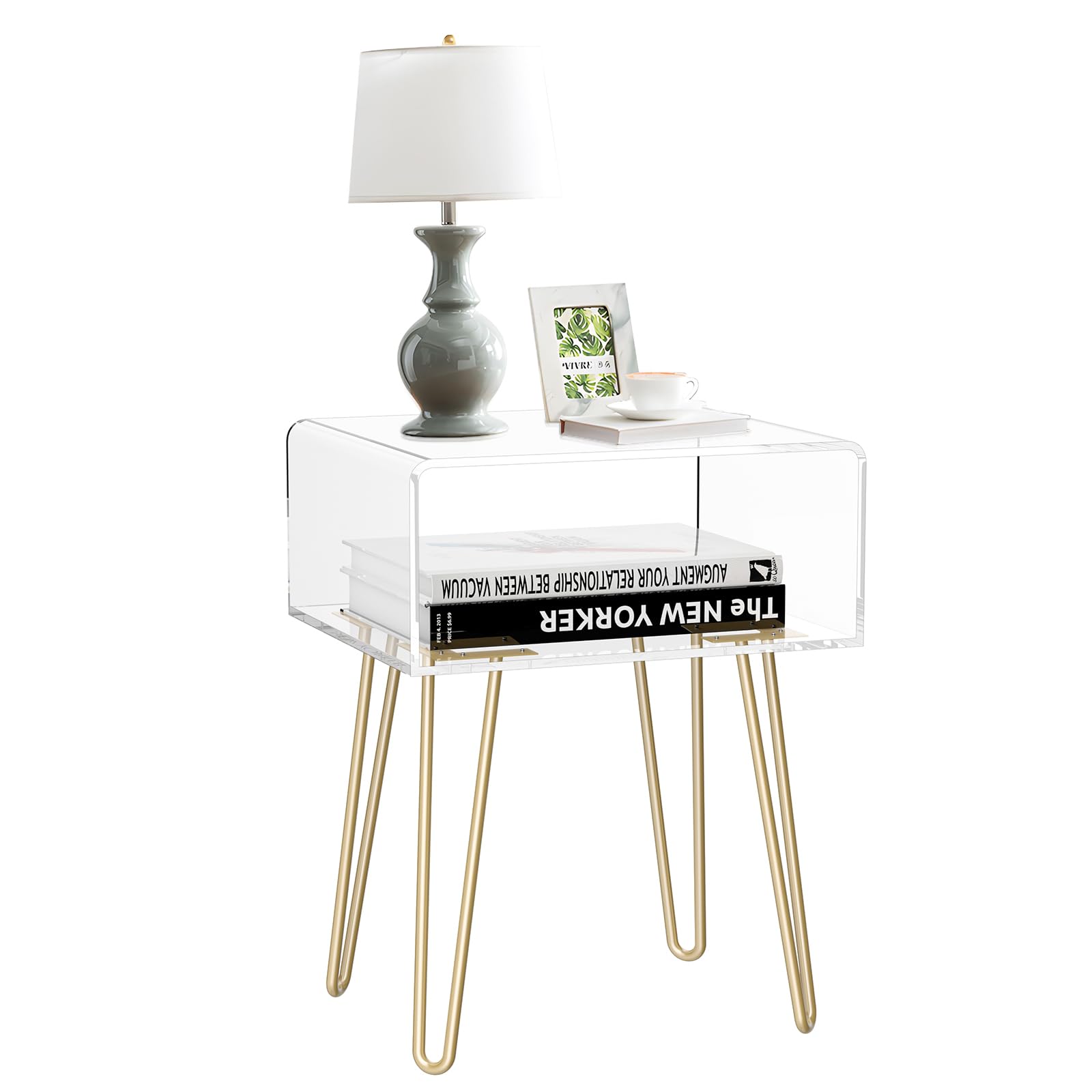 KSacry Small Acrylic Nightstand with Metal Legs-23.4‘ H Bedside Table for Small Spaces for Bedroom, Easy Assembly, Modern, Clear & Gold(17.5'' L x 14.9'' W x 23.4'' H)