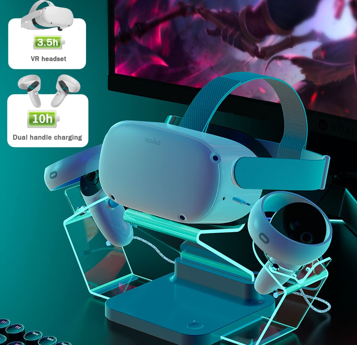 Charging Dock for Oculus Quest 2 with LED Light, arVin Oculus Quest 2 Accessories with 2 Rechargeable Battery Pack for Meta Quest 2, VR Headset RGB Display Holder Stand & Magnetic Controller Mount