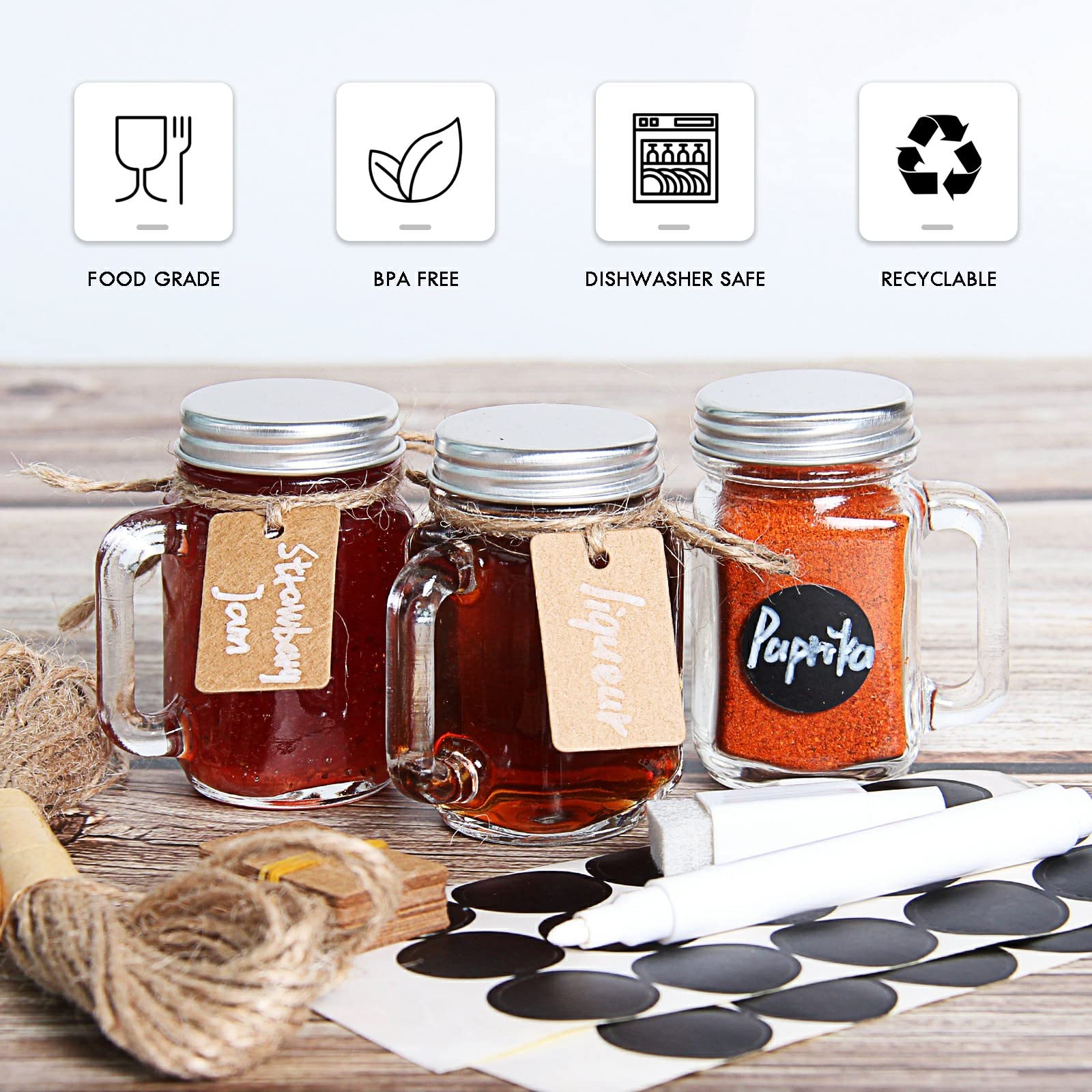 DESIYUE 1.5oz-30 Pack Mini Glass Mason Jars Set with Silver Lids & Handles, Small Favor Jars, Food Storage Containers for Weddings, Decoration, Parties, DIY, Spices, Holiday Crafts