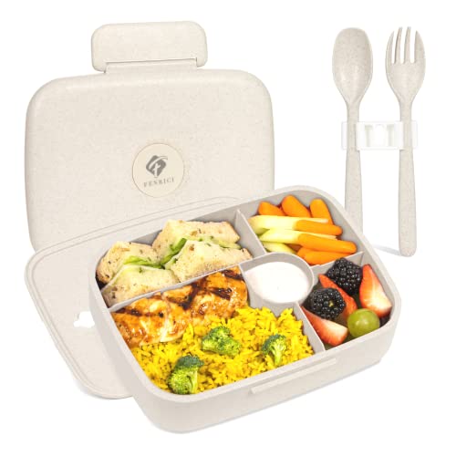 Fenrici Bento Lunch Box For Kids and Teens, Made with Wheat Straw, 5 Leakproof Compartments with Utencils, BPA-Free Bento Box, Microwave and Dishwasher Safe, Warm Beige
