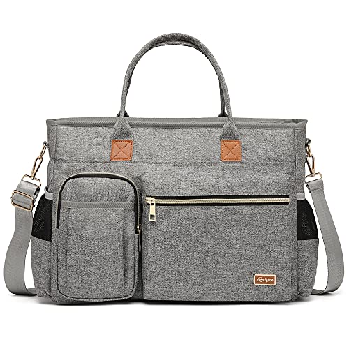 Rabjen Diaper Bag Tote, Travel Multifunction Baby Bag with Insulated Pockets Padded Sleeve for up to 15.7’’ Laptop