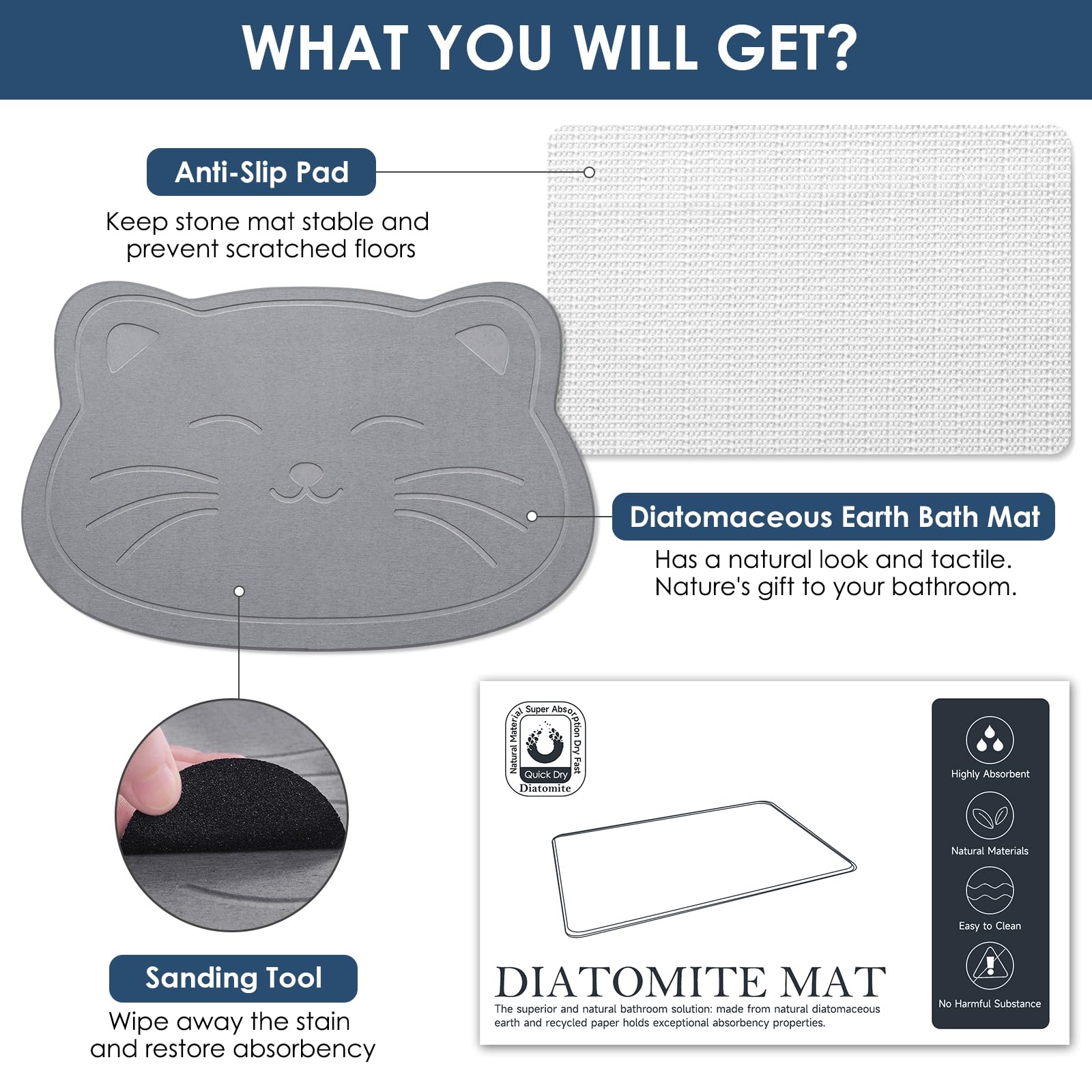 ChieFinch Diatomite Stone Bath Mat for Bathroom, Non-Slip Quick Dry Stone Shower Mats, Super Absorbent Diatomaceous Earth Bath Mat Stone, Suitable for Bathroom, Kitchen, Counter, 23.6" X 15.4"