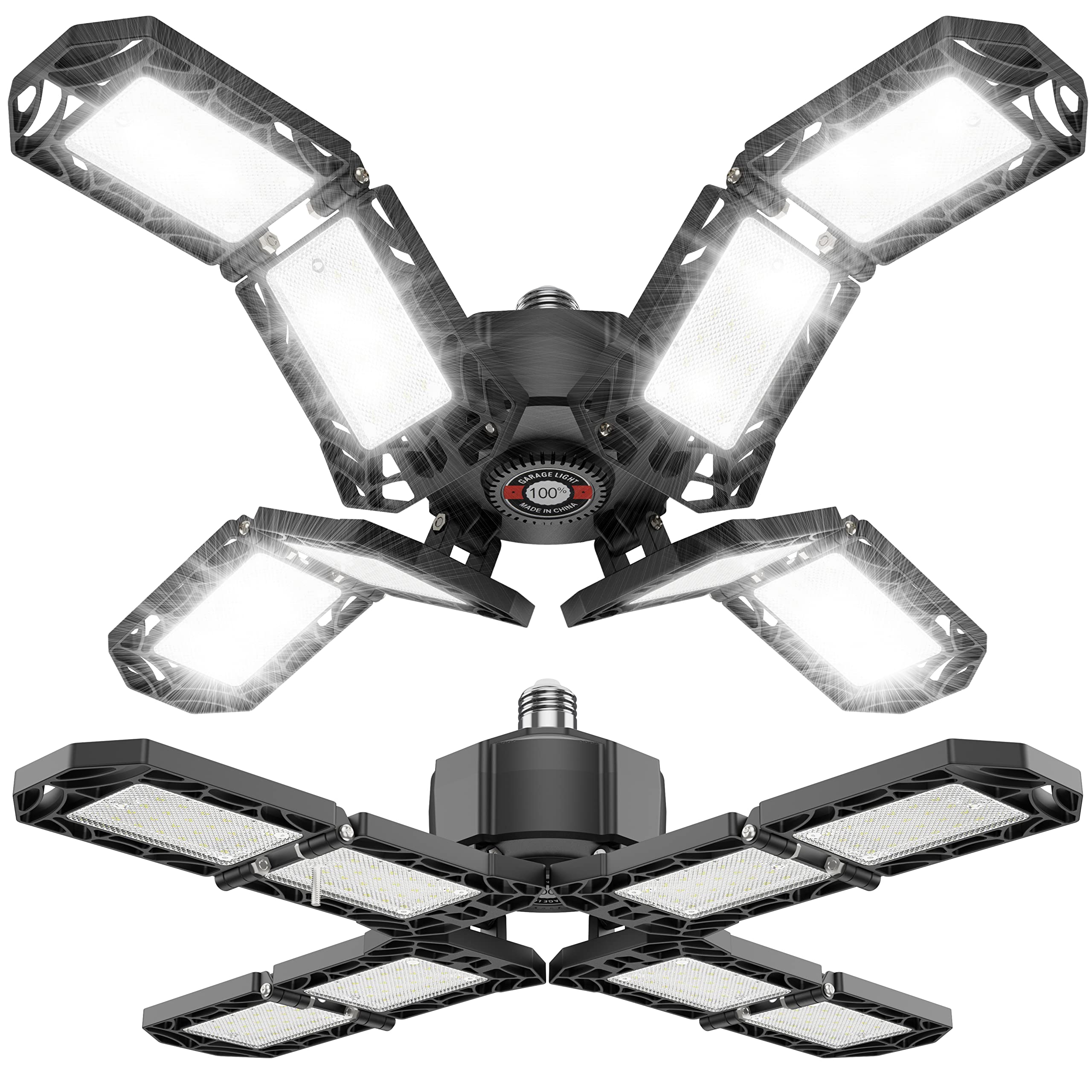 Flohans 2 Pack Garage Light, 150W Deformable Garage LED Light with 8 Adjustable Panels, 15000LM 6500K E26/27 Super Bright Garage Light Bulb, Garage Lights Ceiling LED for Workshop Attic Barn…