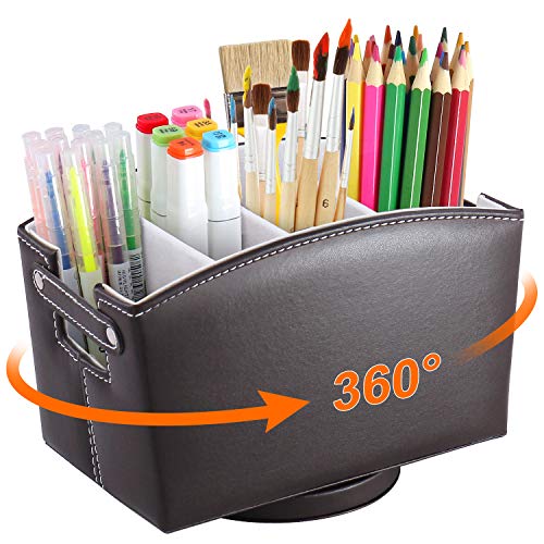 Leather Art Supply Desk Organizer, Rotating Pencil Holder Organizer, Desktop Storage Caddy for Pen, Colored Pencil, Crayon, Paint Brushes, 360 Degree Spinning Works for Classroom, Art Studio, Office