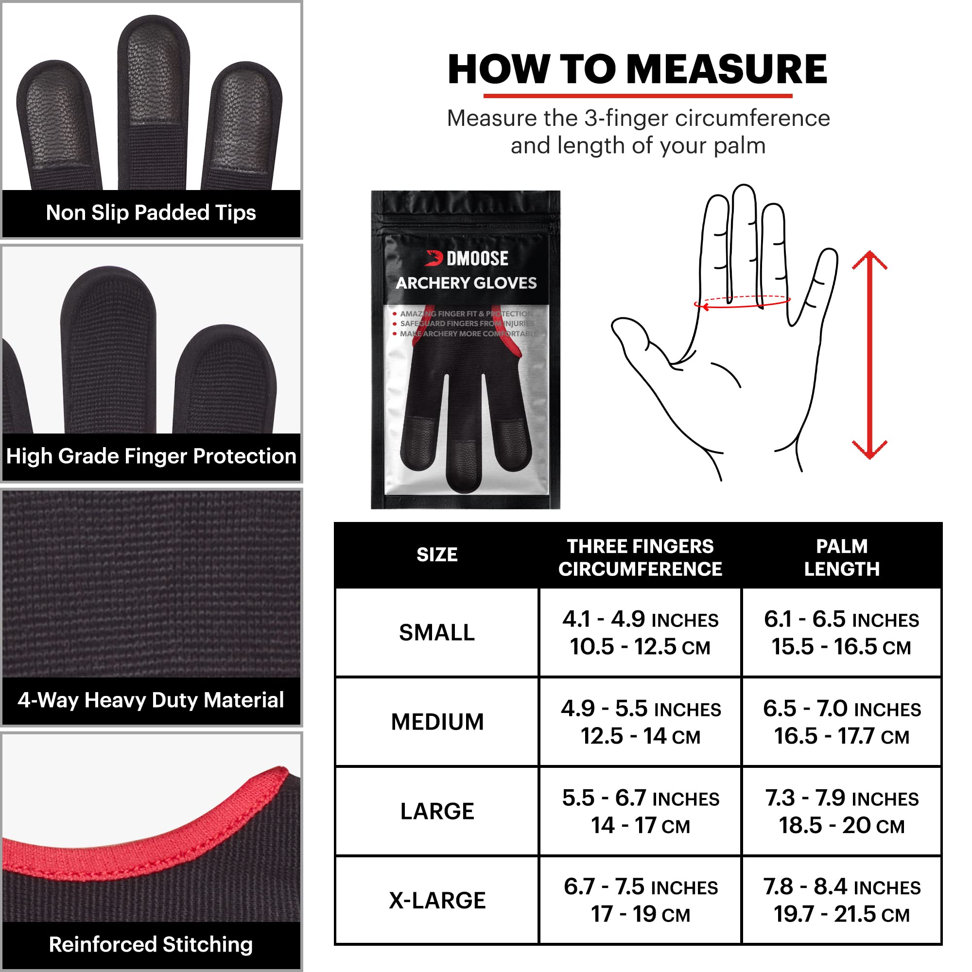 DMoose Archery Glove, Leather Gloves for Recurve & Compound Bow, Non-Slip Padded Tips for Grip Stability - Three Finger Protected Design Archery Finger tab, Archery Accessories for Men, Women & Youth