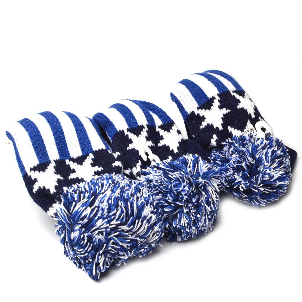 COOLSKY Golf USA Blue Star Stripes Pattern Set Knit Vintange Pom Pom Sock 3pcs Headcover Covers Available in Driver or Fairway/Hybrid Size