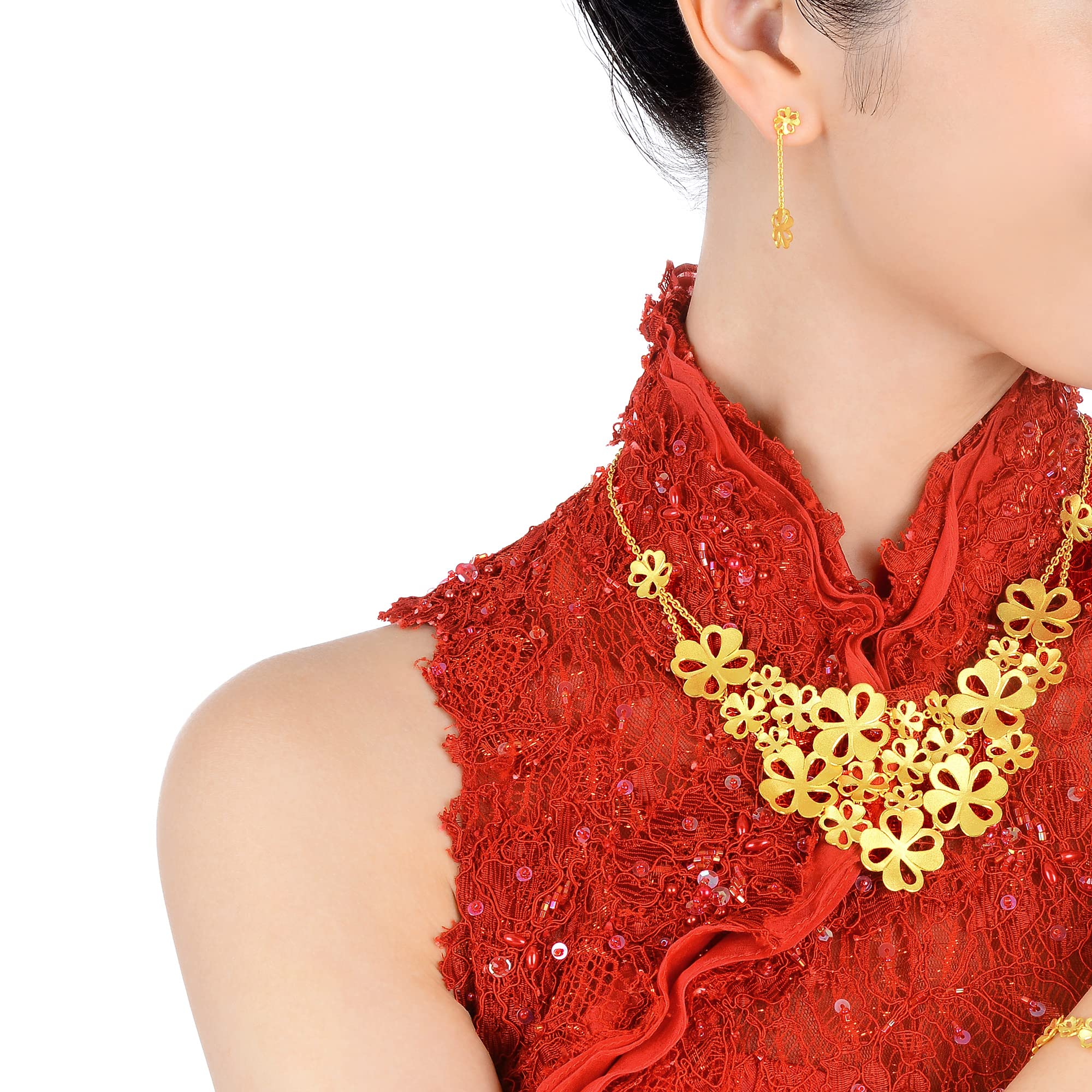 CHOW SANG SANG 999.9 24K Solid Gold Four Leaf Clover Drop Earrings for Women and Wedding Occasion 78816E