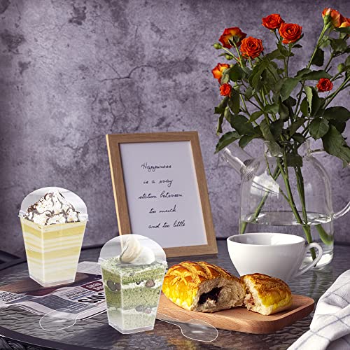 Vmiapxo 50 Pack 5oz Dessert Cups with Dome Lids and Spoons, Desserts Containers Clear Serving Bowls Fruit Salads Parfait Cake Pudding Charcuterie Plastic Cups for Wedding Birthday Christmas (Square)