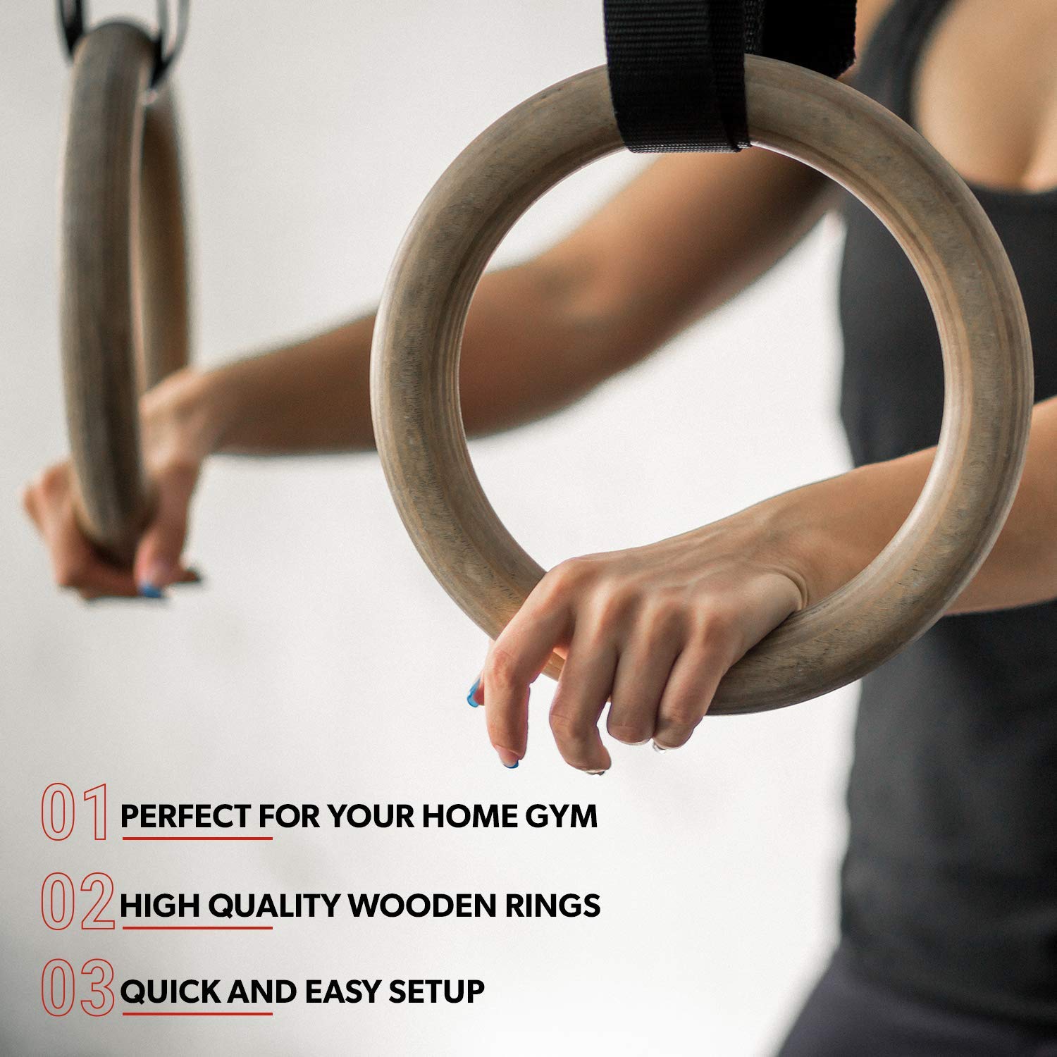 DMoose Fitness Gymnastic Ring (Wooden Rings w/Black Strap)