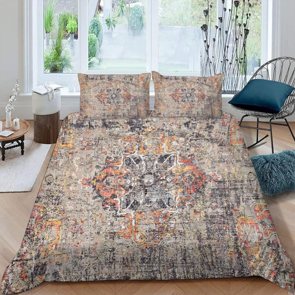 GABADU Vintage Nationality Distressed Duvet Cover, Traditional Pattern Print Bedding 3 Piece Set, Printing Comforter Cover and 2 Pillowcases, Soft Microfiber with Zipper and Ties (King/90"x104")