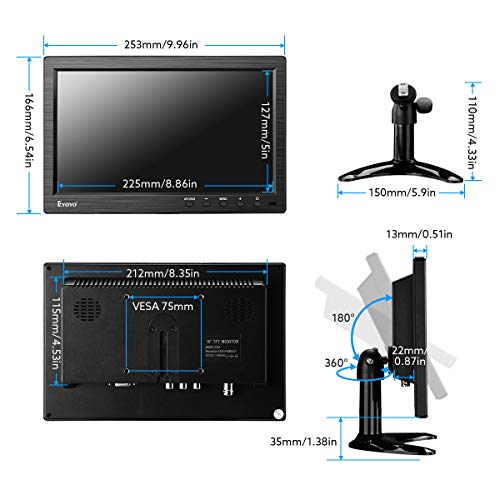 Eyoyo 10 Inch Monitor 1024x600 Display HD TFT LED Screen Support AV VGA BNC Video Input for CCTV DVD PC DVR with Speaker
