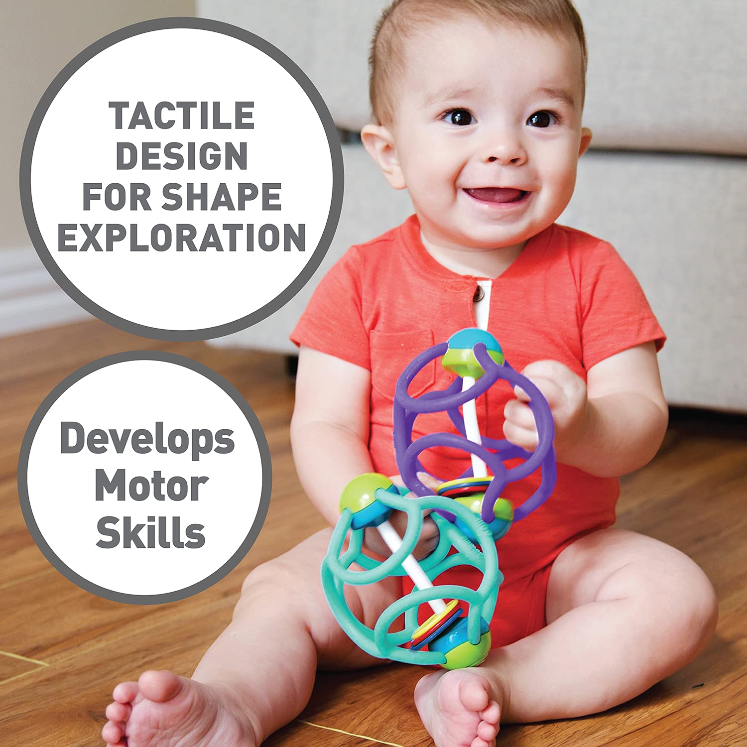 OgoBolli Rattle & Teether Toy for Babies - Tactile Sensory Ball - Stretchy, Soft Non-Toxic Silicone - Ages 6 Months and up - Red