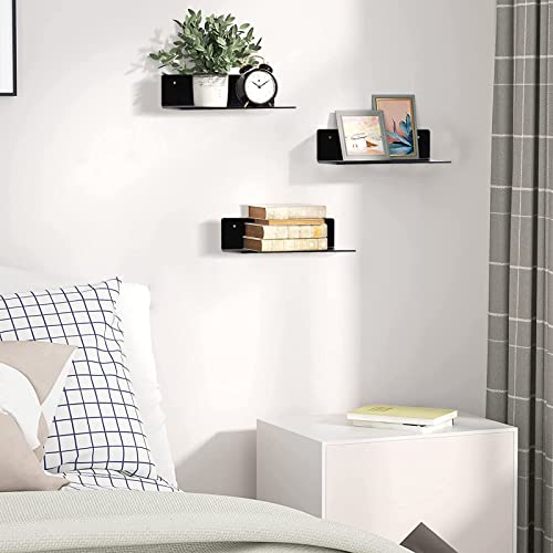luium 9 Inch Acrylic Floating Shelf No Drill Adhesive Wall Shelf Set of 2 for Funko Pop Storage, Floating Shelves Damage-Free Expand Wall Space for Living Room, Bathroom, Gaming Room, Office - Black