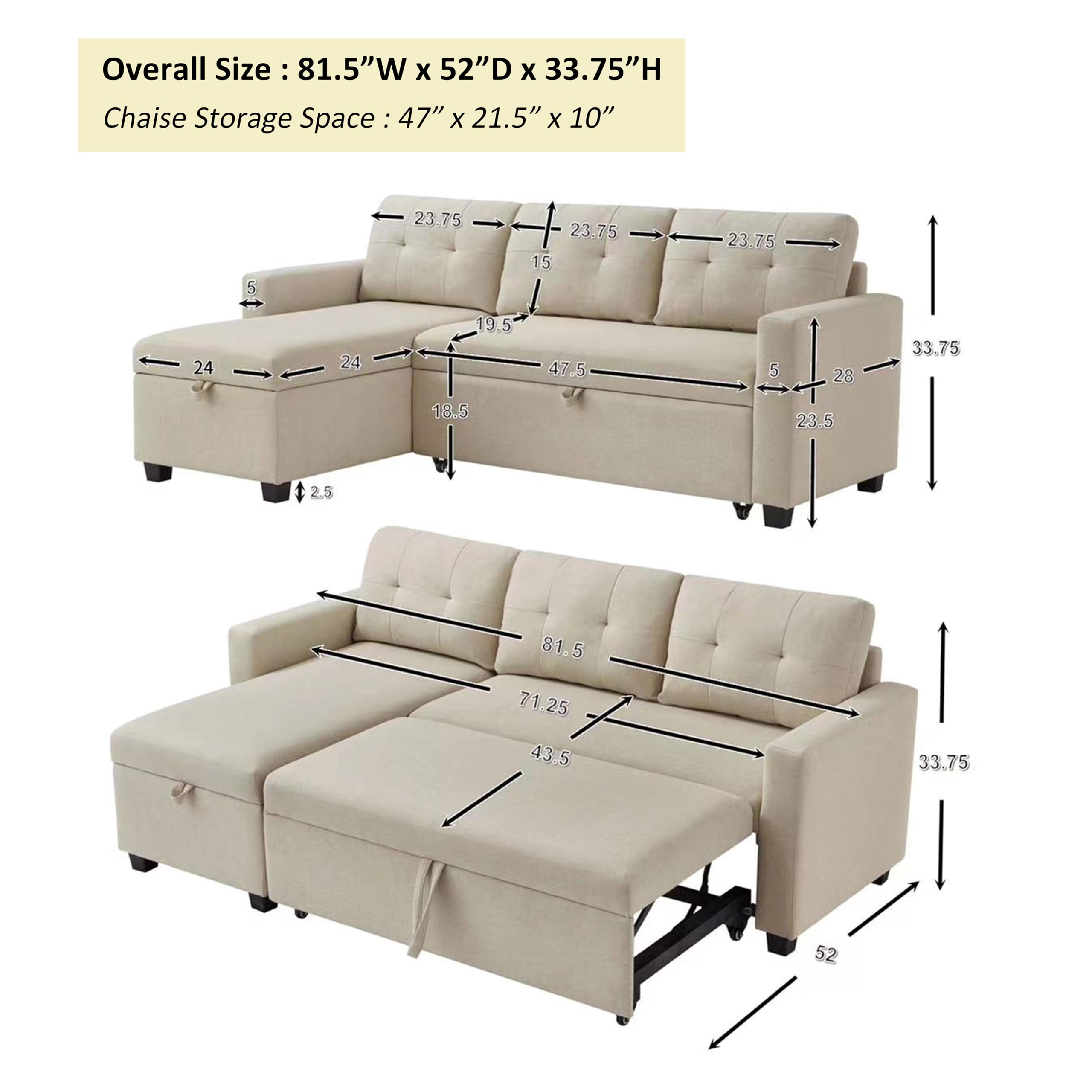 Jintop ectional Sofa, 81.5", Beige