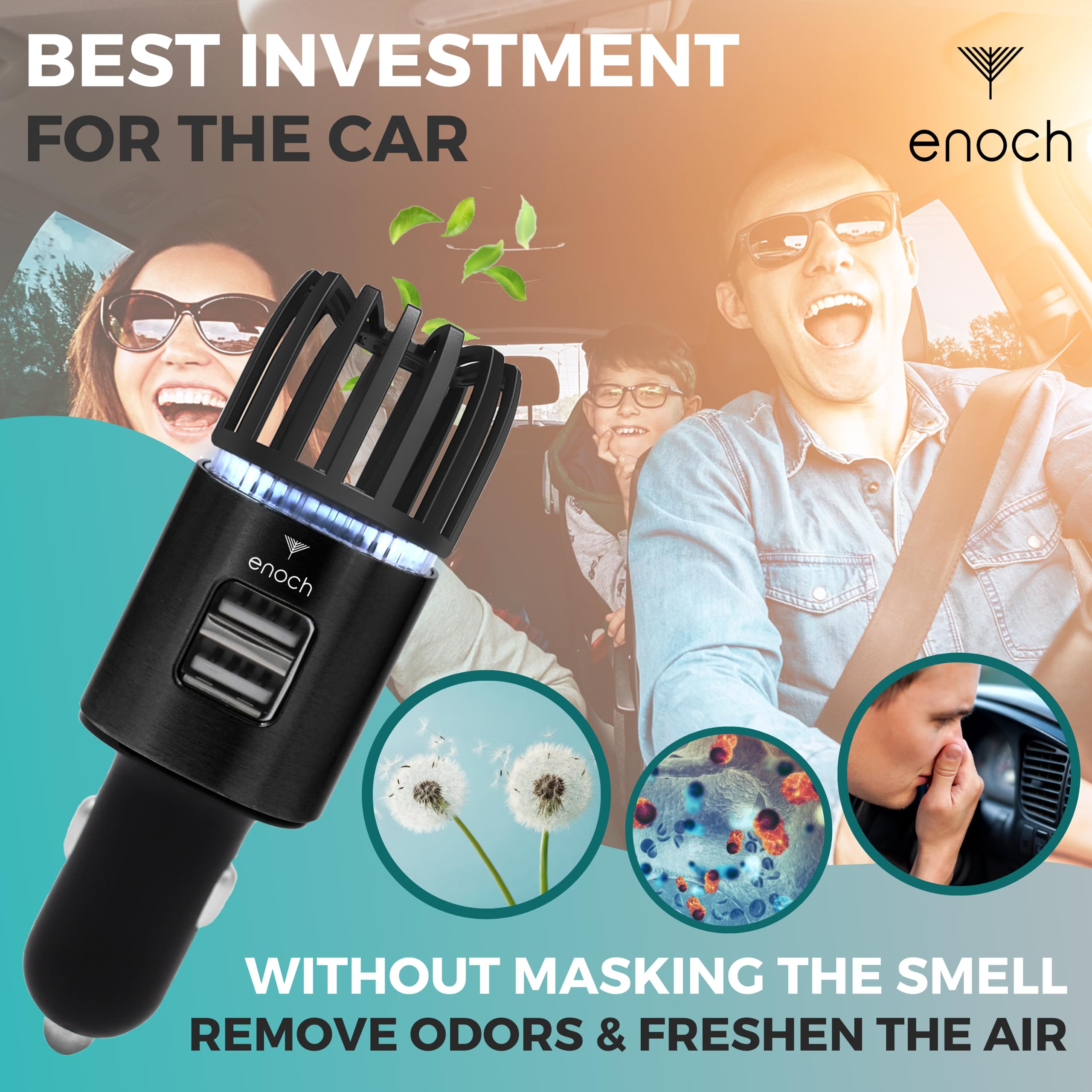 Enoch Ionic Car Air Purifier with Dual USB Car Charger. Car Air Freshener Eliminates Odor, Dust. Removes Smoke, Pet and Food Odor. Ionic Ozone Car Deodorizer (Matt Black)