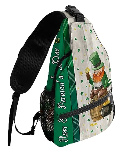 Gsypo Sling Backpack, St. Patrick's Day Dwarf Shamrock Retro Plaid Pattern Waterproof Lightweight Small Sling Bag, Travel Chest Bag Crossbody Shoulder Bag Hiking Daypack for Women Men