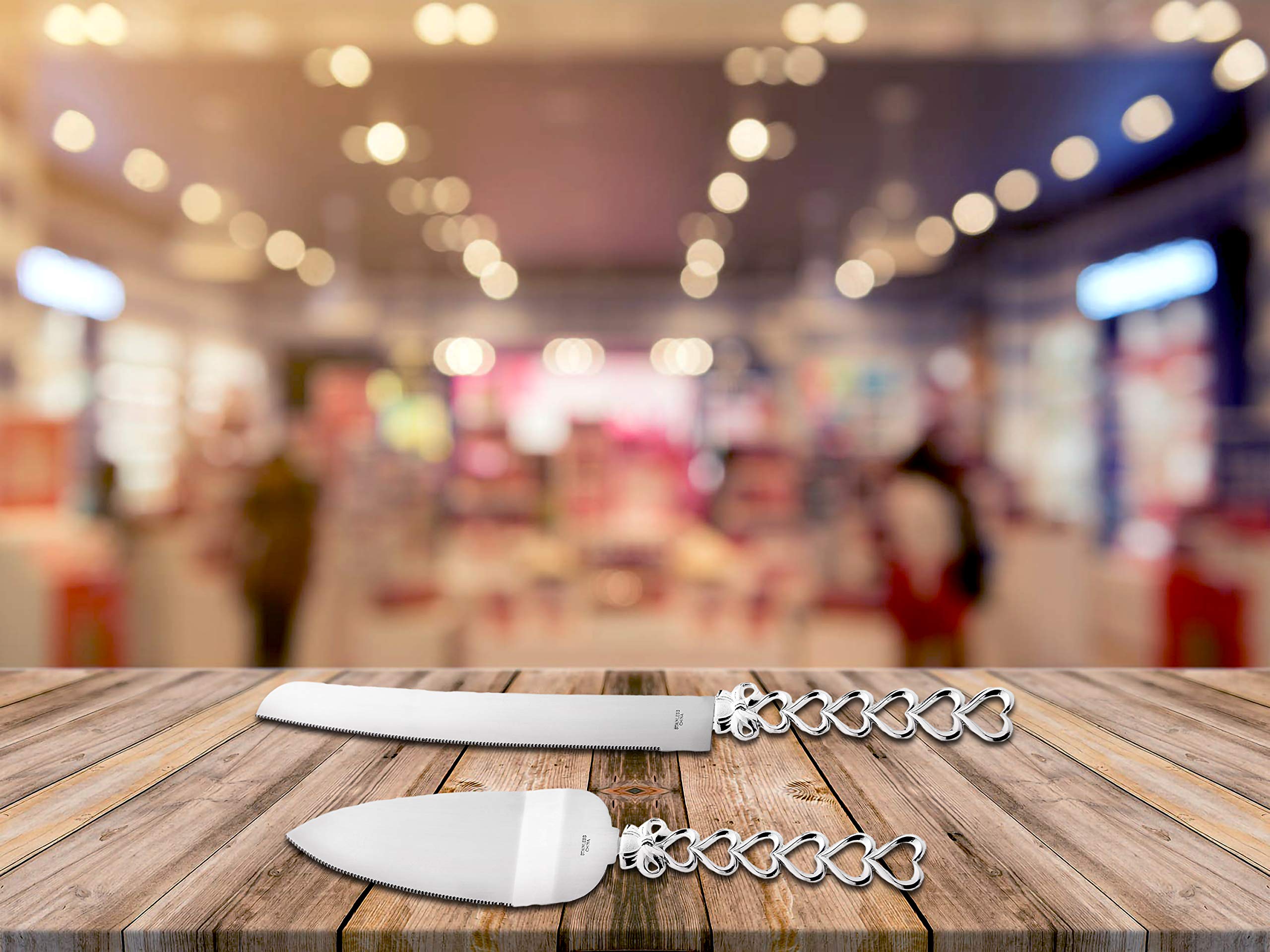 FASHONCRAFT 2559 Heart to Heart Collection Silver Metal Cake Server and Knife Set – Party Favor