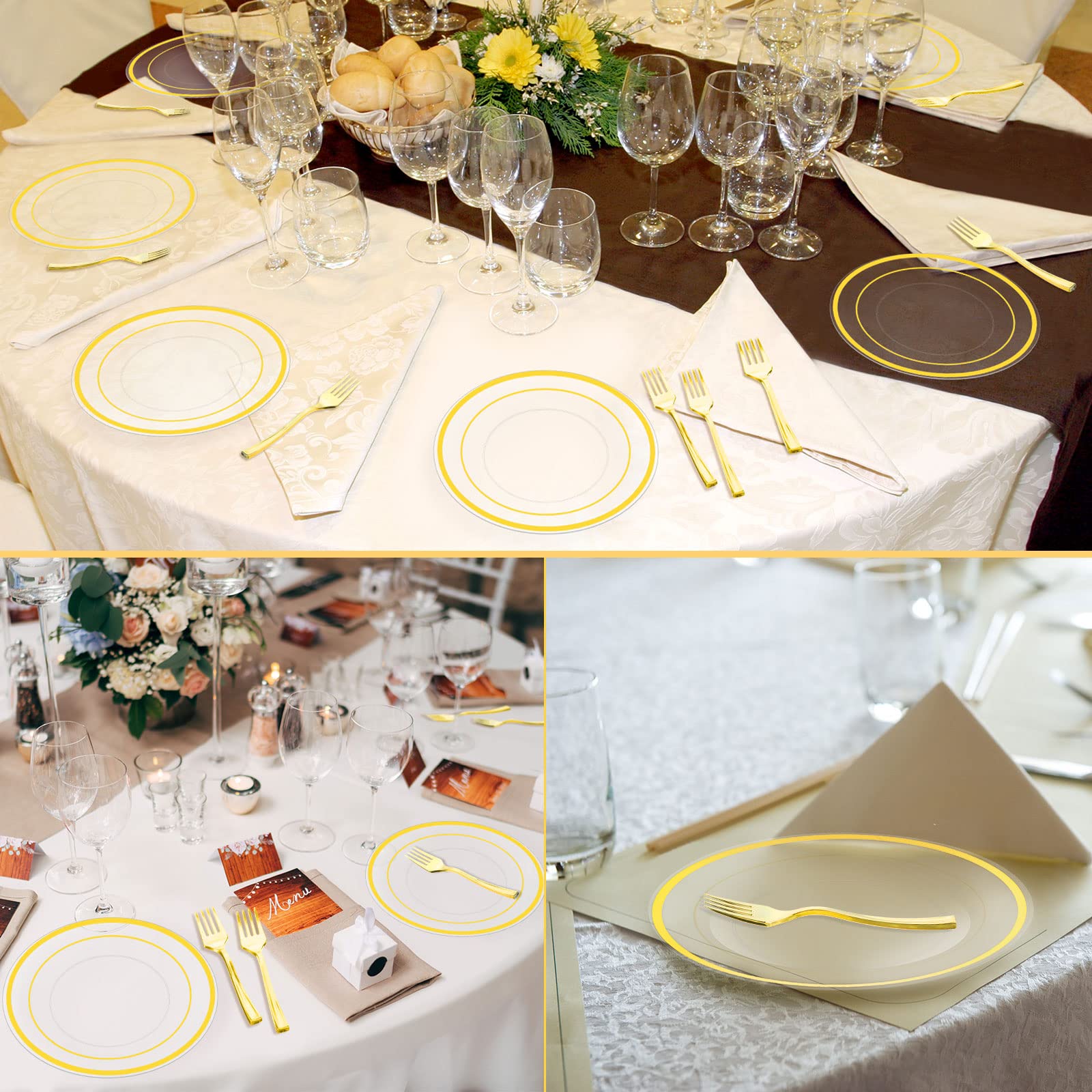 Eccliy 200 Pieces Gold Plastic Dessert Plate Sets 100 Clear Disposable Cake Plate 6 Inch and 100 Fork 5 Inch Gold Rim Round Salad Appetizer Plate Folk Set for Buffet Hotel Birthday Wedding Party
