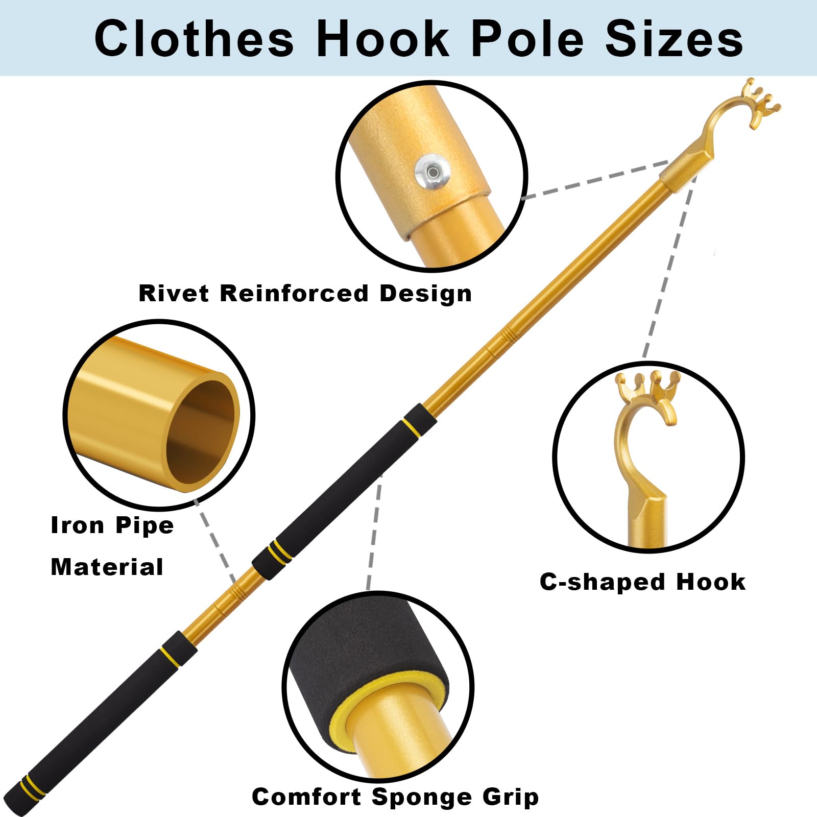 Greeily Clothes Hanger Reaching Hook, Garment Hook Reach Pole for Hanging Clothes Closet Bird Feeders Plants and Christmas Light Extendable from 31" to 61" with Sponge Handle (Yellow Hook)