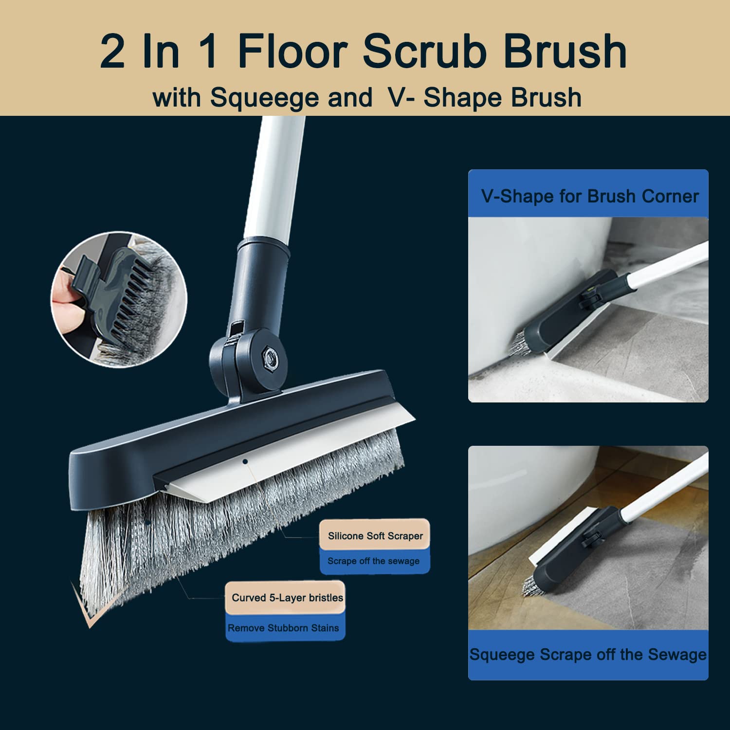 Floor Scrub Brush with Long Handle Grout Brush 2 in 1 Scrape Brush V-Shape Stiff Bristle Floor Scrubber with Squeegee 180°Rotating, Shower Scrubber Brush for Cleaning Bathroom, Kitchen, Wall