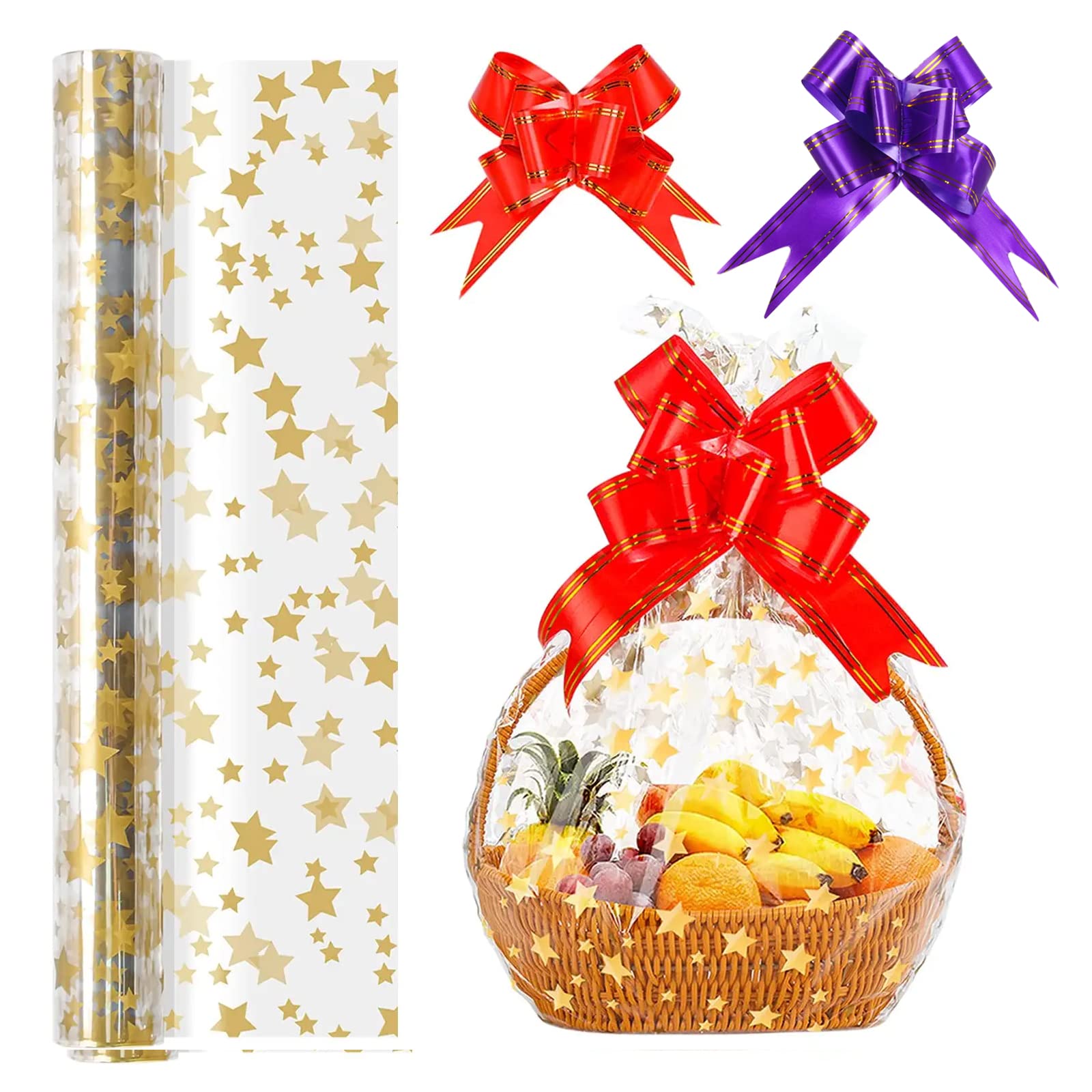 Christmas Cellophane Wrap Roll, Cellophane Wrap Gift Basket Wrap, Nistar Cellophane Wrap Roll (32 in x 100 ft) Gold for Gift Baskets with 8 Bows Extra Large Clear Wrapping Paper to Treats, Flower, DIY Craft for Holiday, Christmas