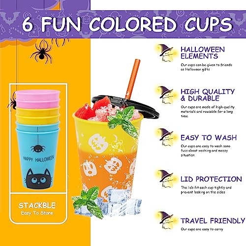 QTOP Halloween Party Color Changing Cups With Lids And Straws,6 Pack 13oz Plastic Tumblers With Lids And Straws Bulk,Reusable Halloween Cups For Party Favors